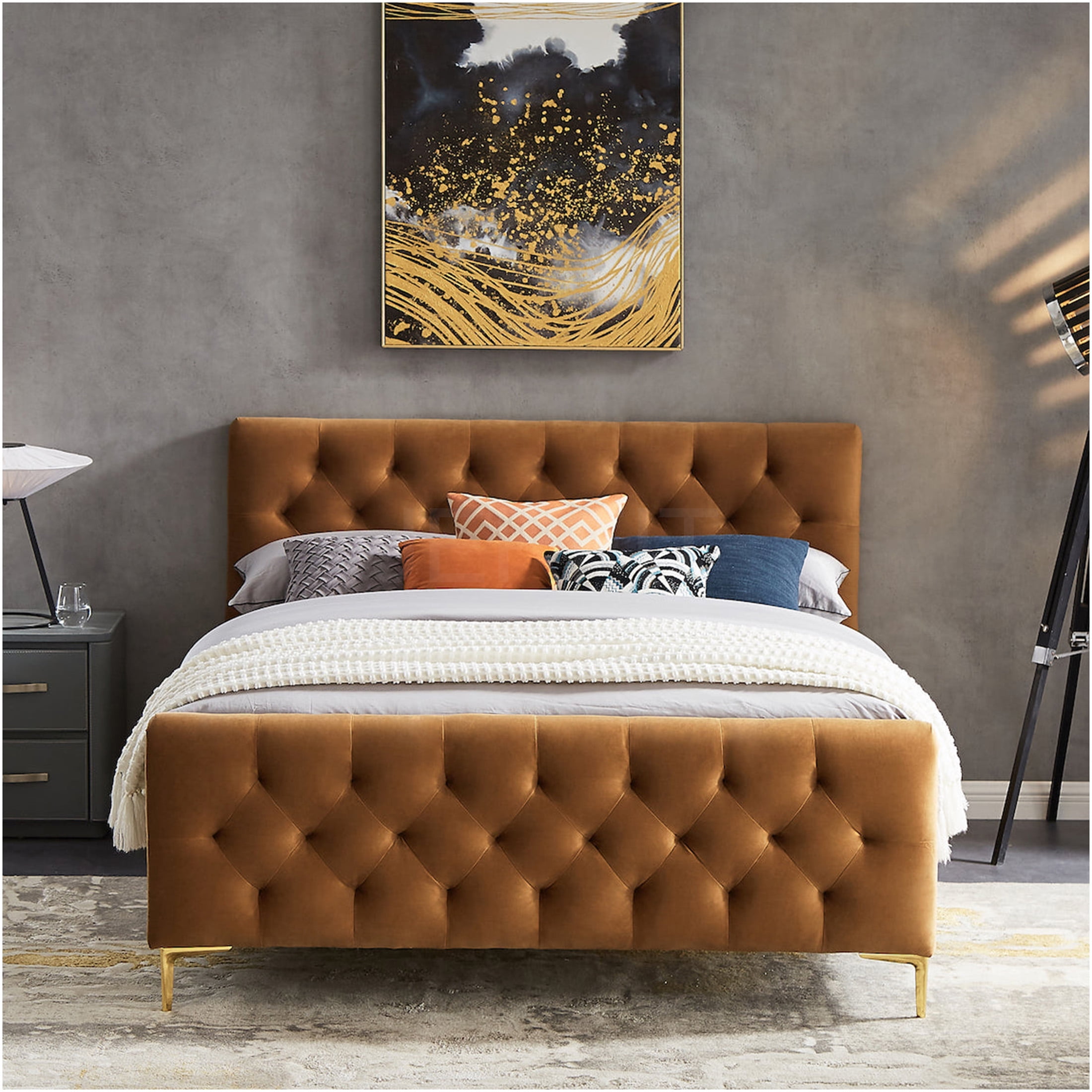 JERFIT Bailey Queen Size Bed Frame, Cognac Velvet Upholstered Platform ...