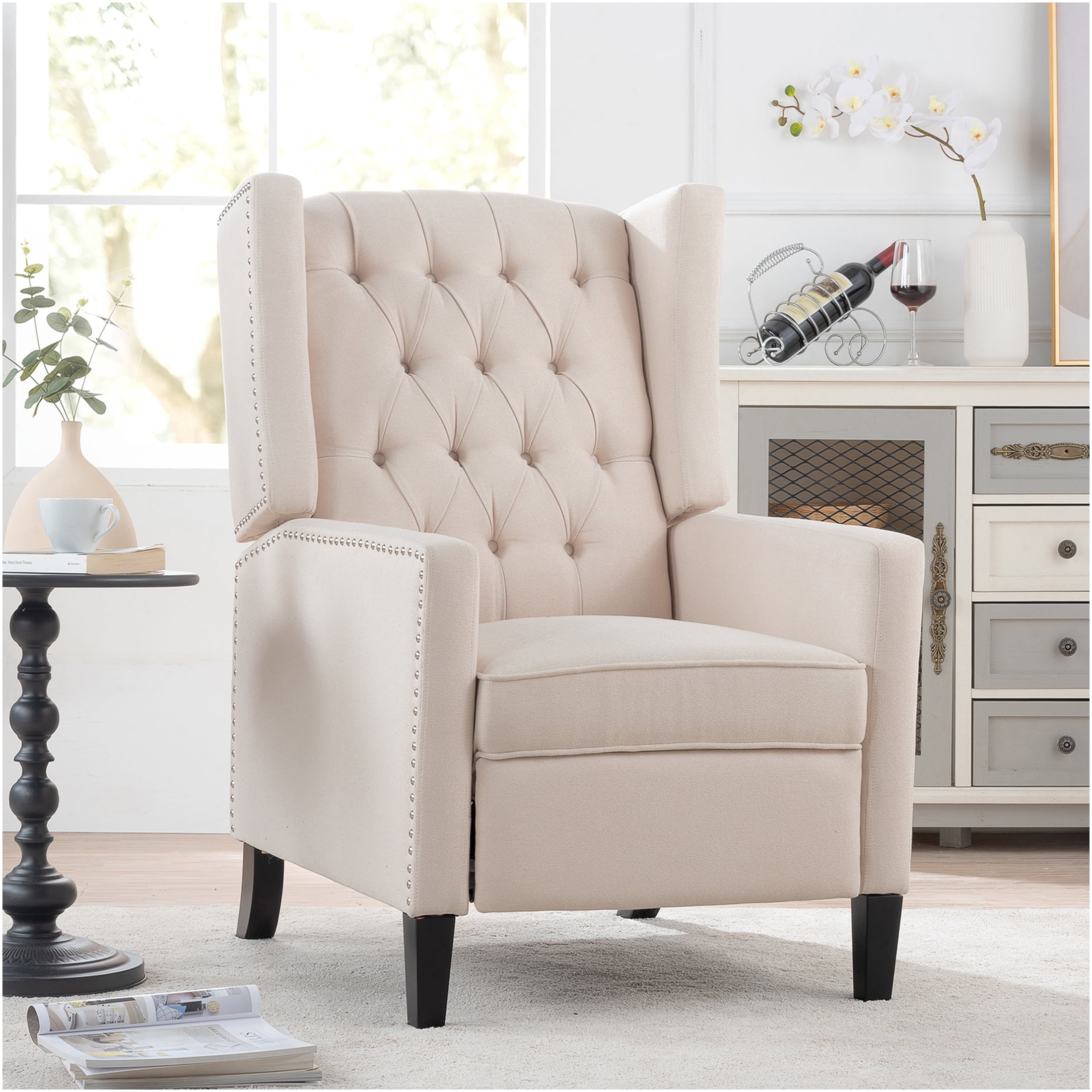 JERFIT Beige Fabric Wingback Recliner Chair with Manual Operation, 3 ...