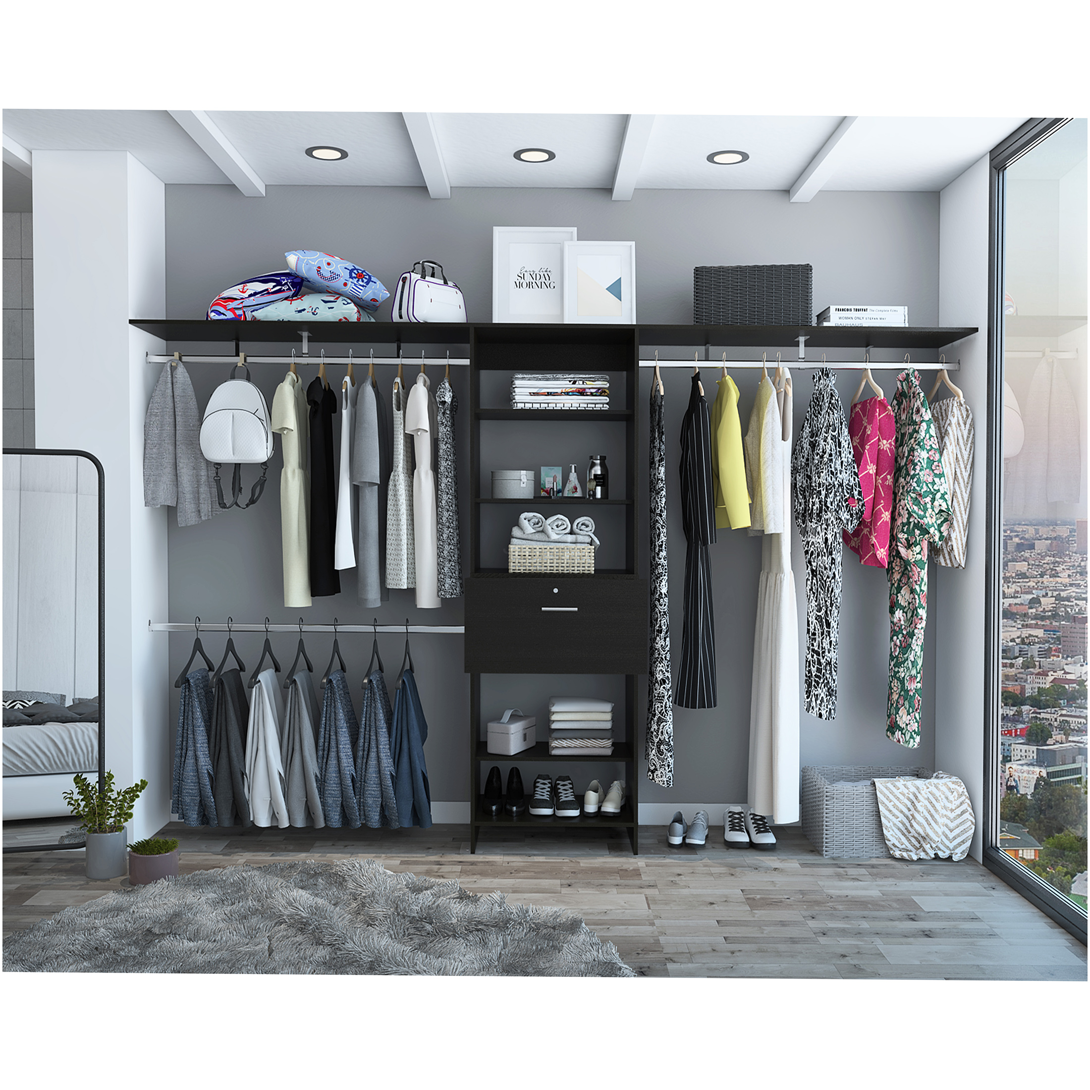 JERFIT Black 4-Tier Closet Organizer with Drawer, Freestanding Bedroom ...