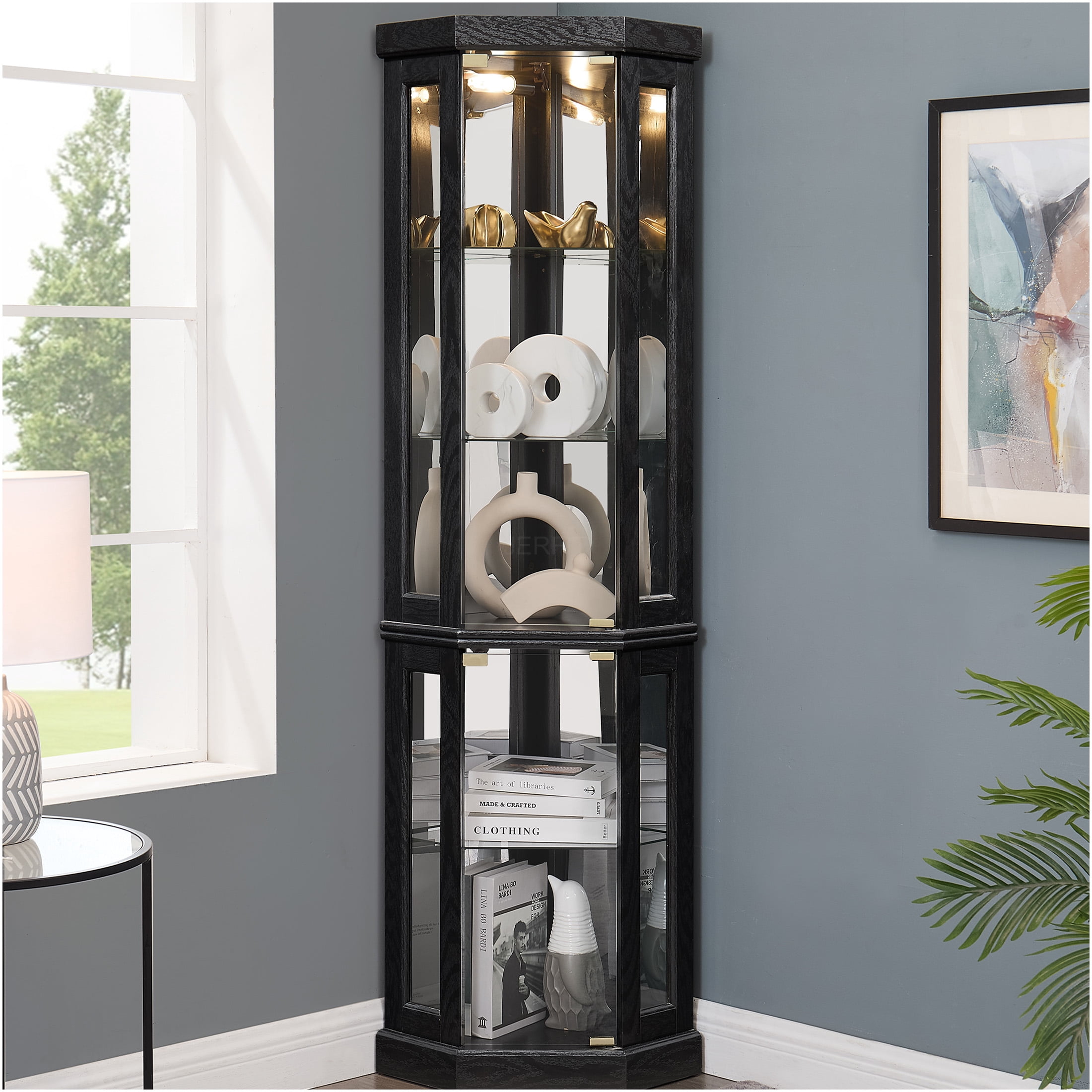 JERFIT Black Corner Curio Cabinet with Lights, Glass Display Case for ...