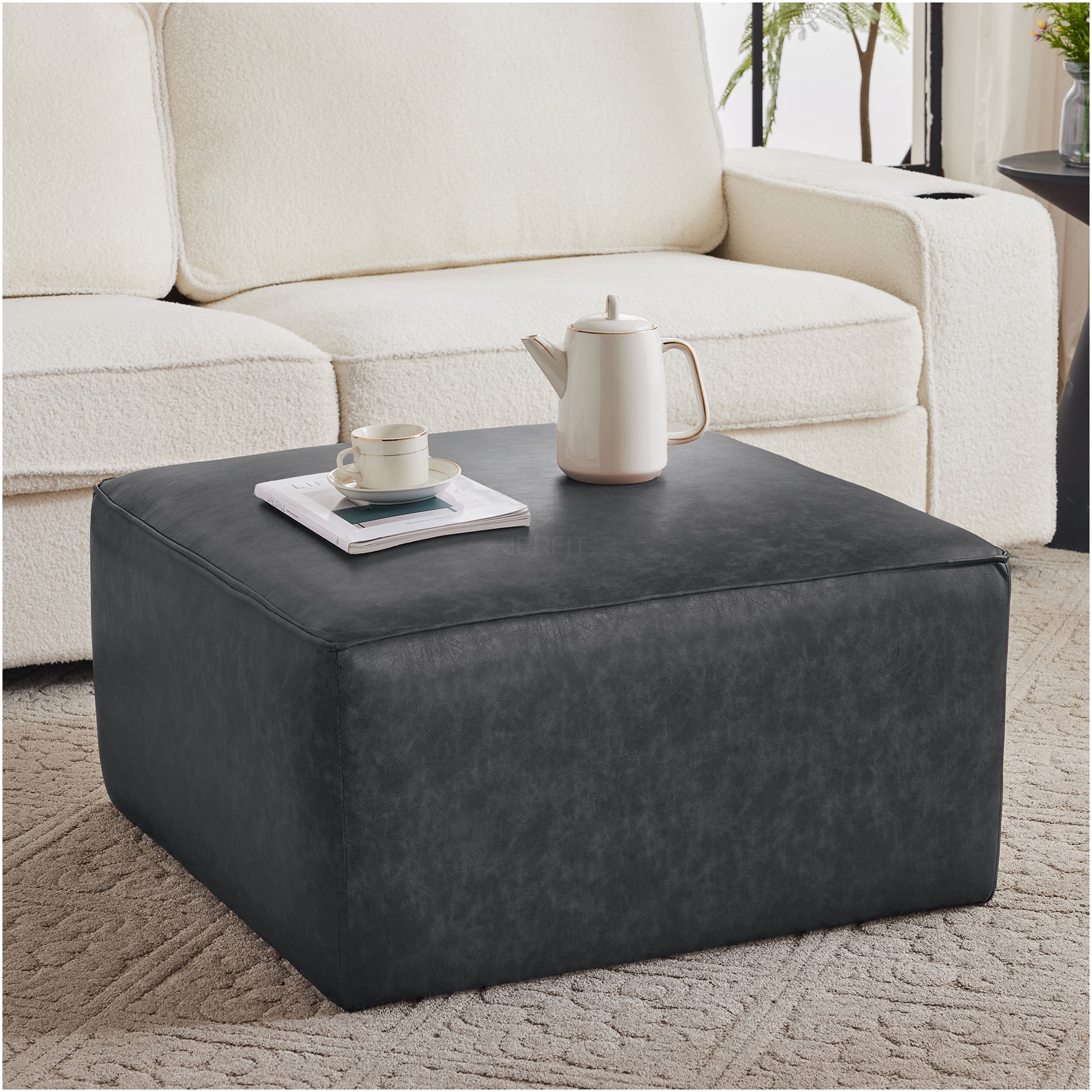 JERFIT Black Faux Leather Storage Ottoman Cube, Square Foot Rest Stool ...
