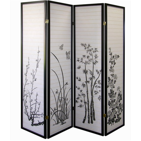 JERFIT Black Floral Wood Room Divider Screen, 4 Panel Folding Privacy ...