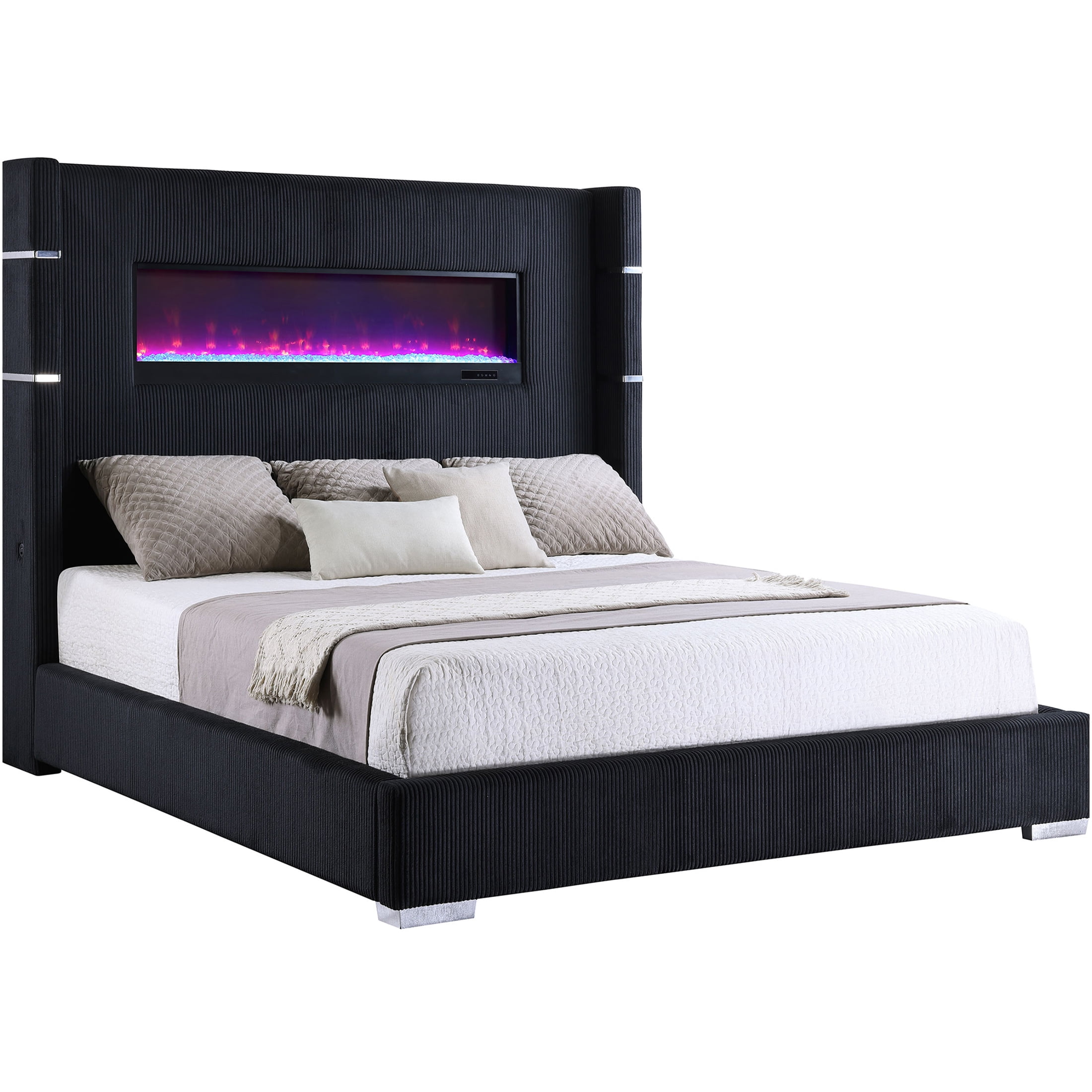 JERFIT Black Upholstered King Size Bed with LED Flame Effect, Remote ...