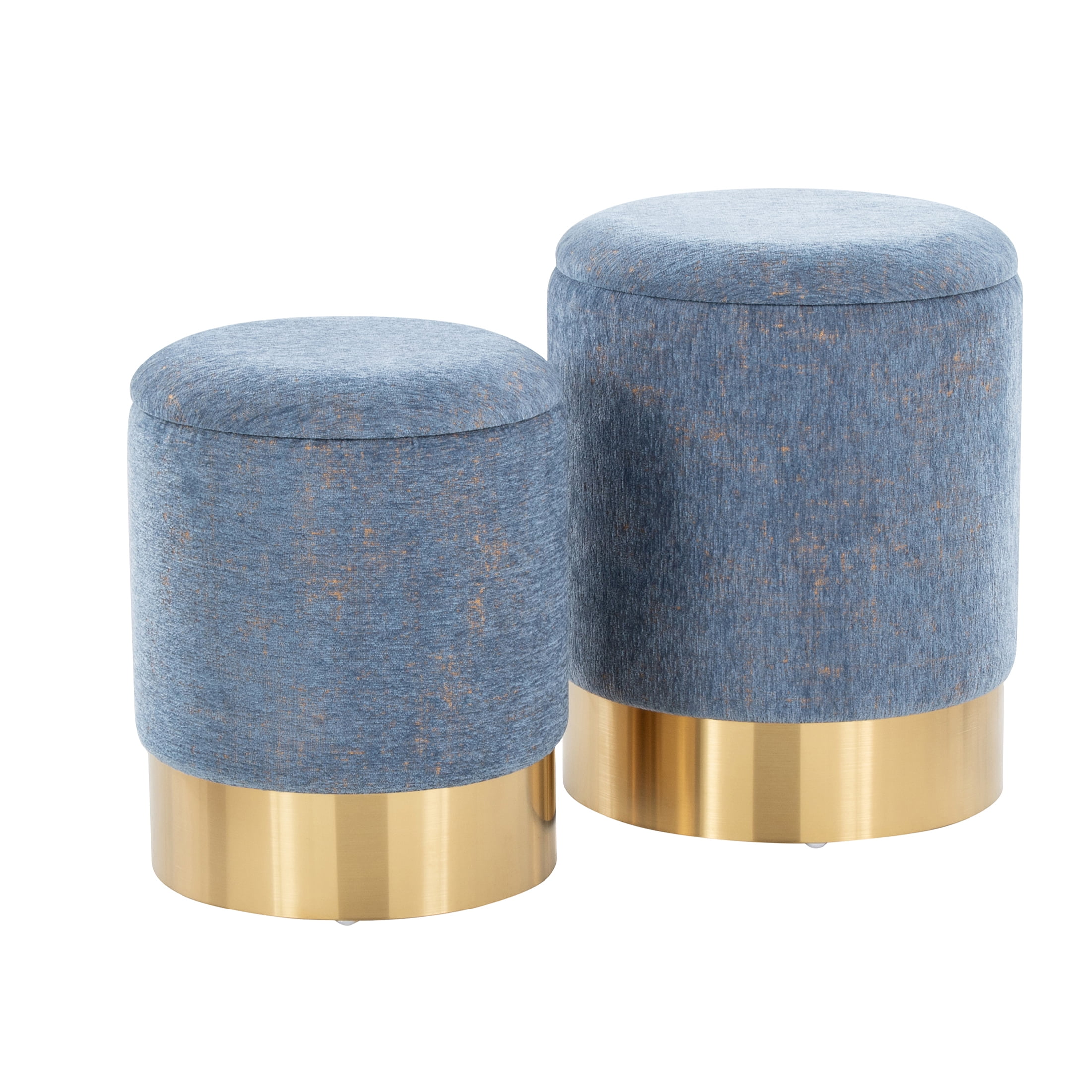 JERFIT Blue Fabric Nesting Ottomans Set, Gold Metal Base, Contemporary ...