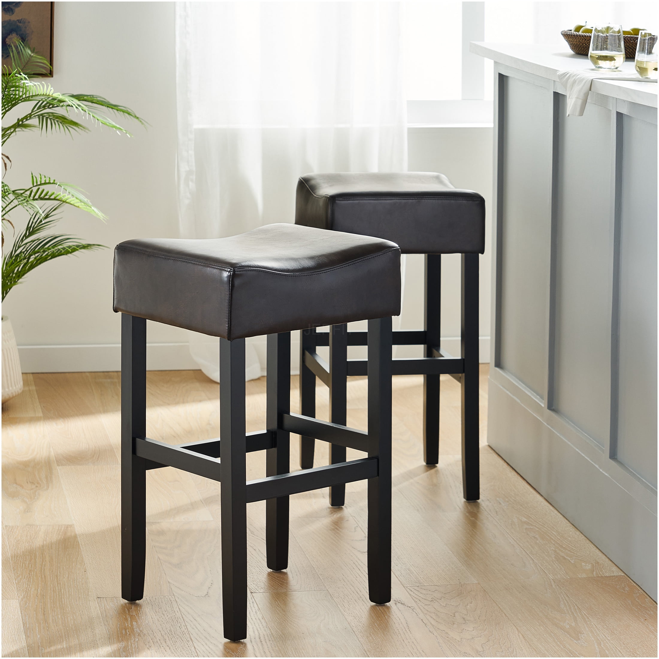 JERFIT Brown Leather Bar Stools Set of 2, Backless Counter Height ...