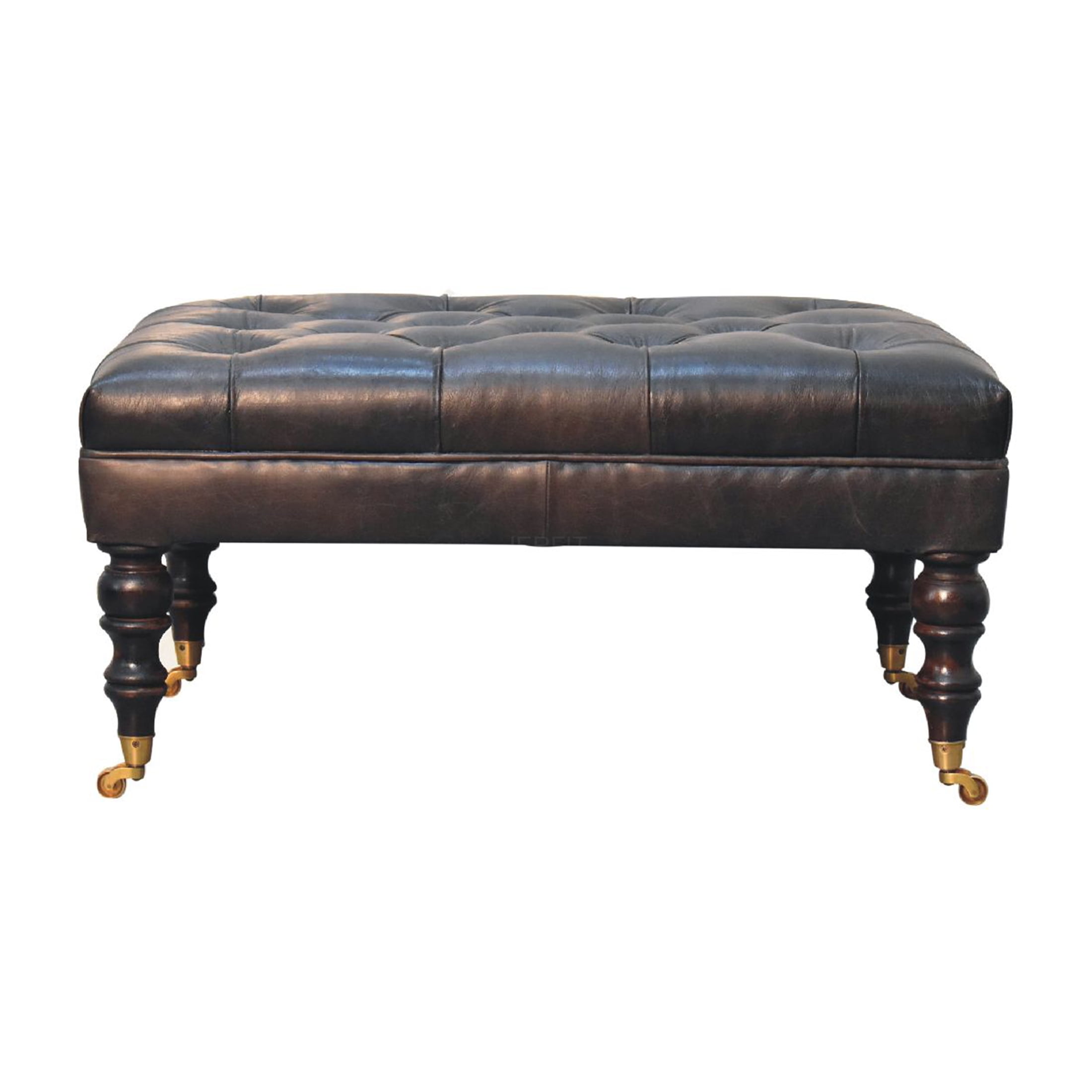 JERFIT Brown Leather Ottoman with Storage, Solid Mango Wood Bench ...