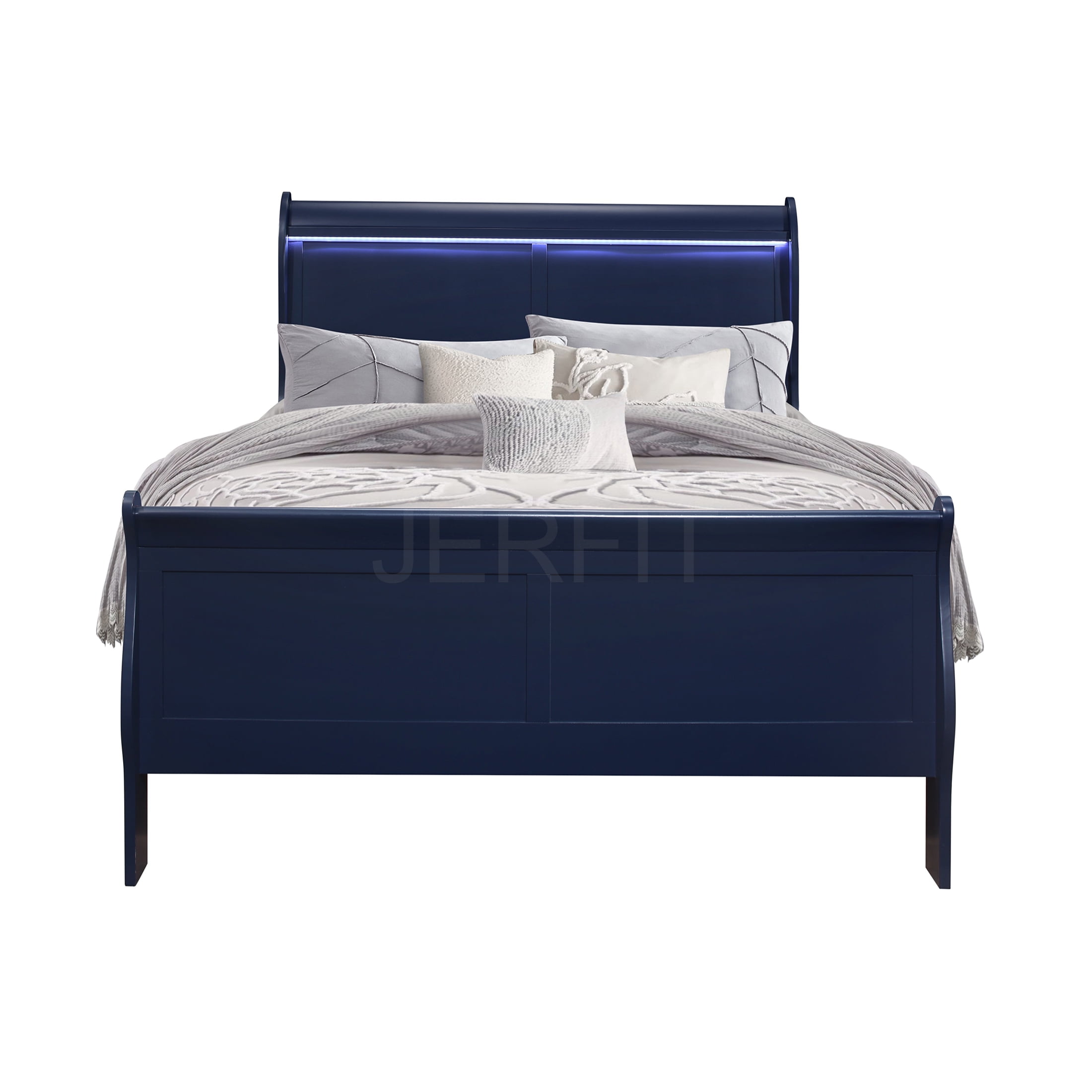 JERFIT Charleston Full Size Bed Frame with LED Headboard, Modern Sleigh ...