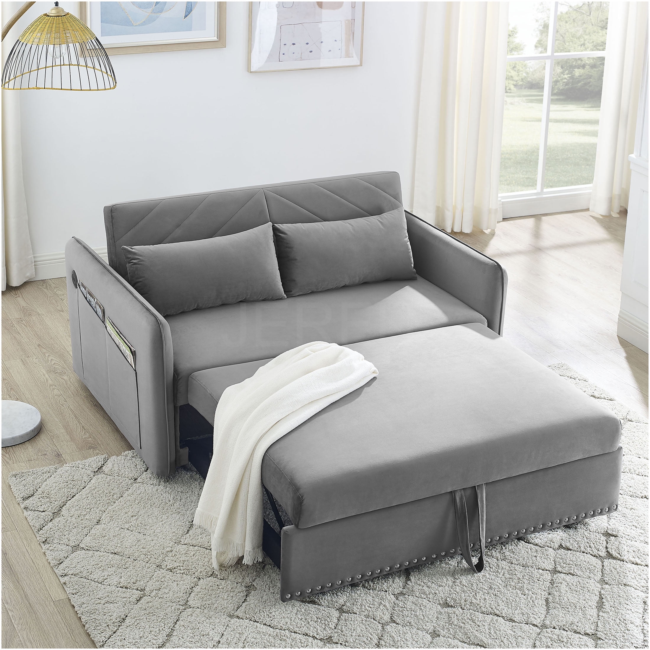 JERFIT Convertible Velvet Sofa Bed with USB Charging Port, 3-in-1 ...