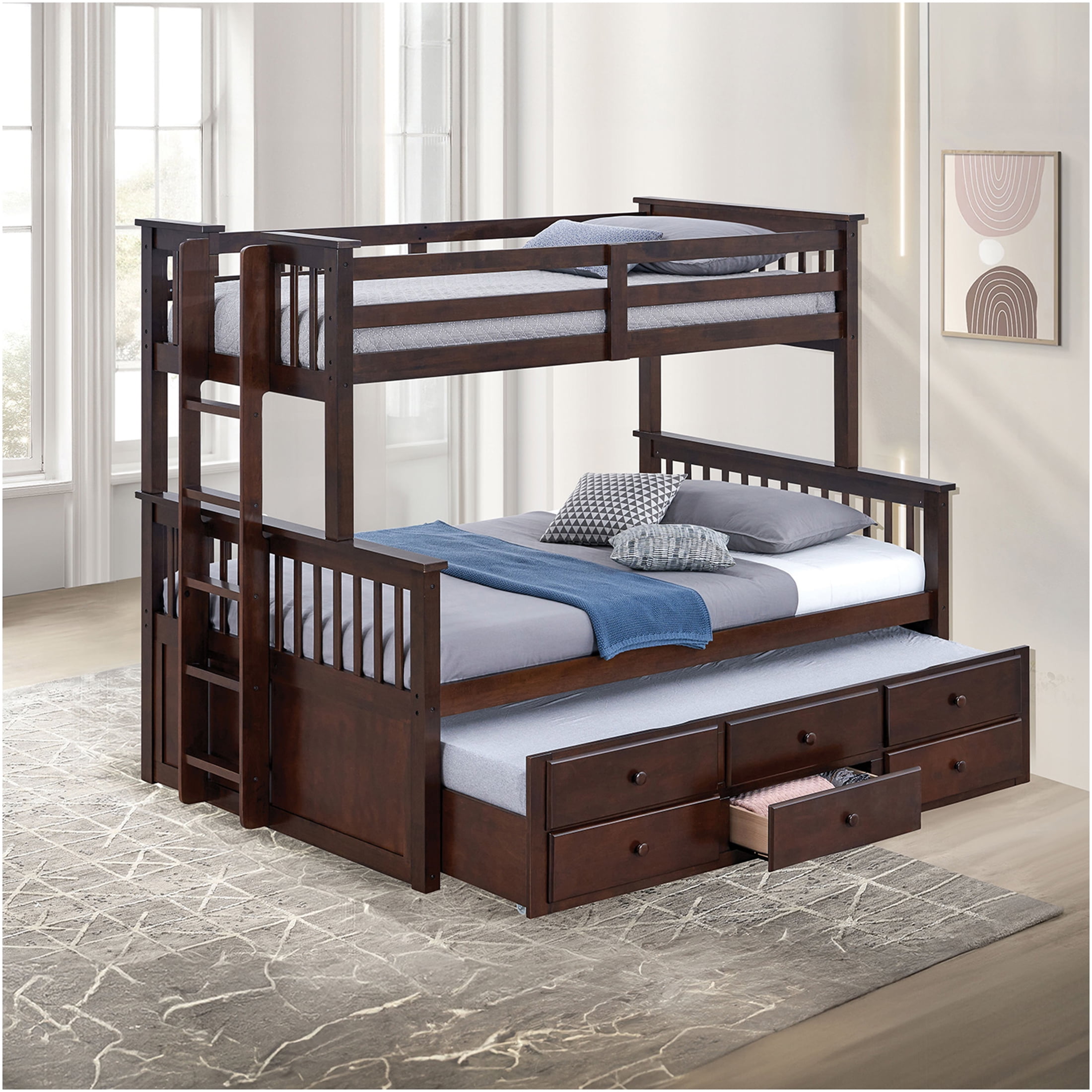 JERFIT Dark Walnut Twin over Full Bunk Bed with Trundle 3 Storage ...