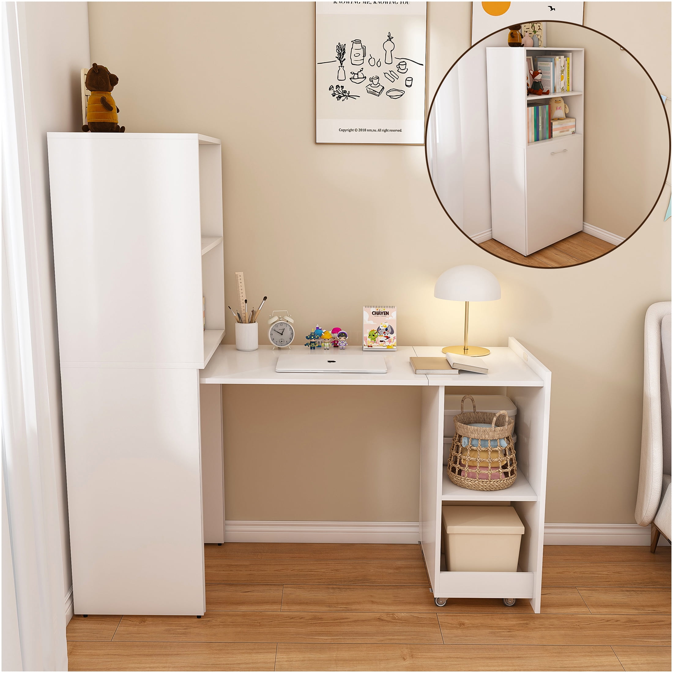 JERFIT Expandable Folding Desk with Wheels & Storage Shelves, Mobile ...