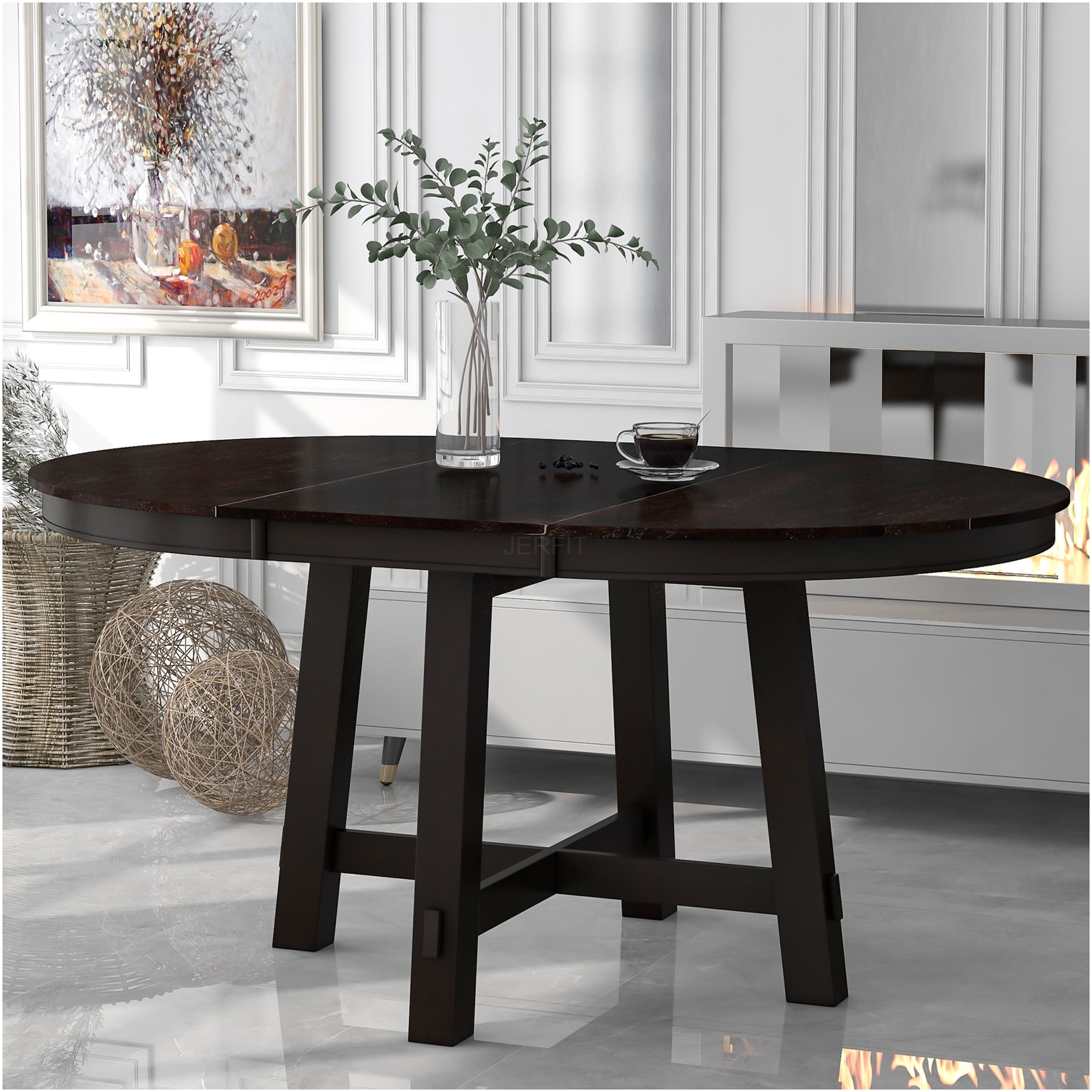 JERFIT Expandable Round Dining Table Farmhouse Kitchen Table with Leaf ...