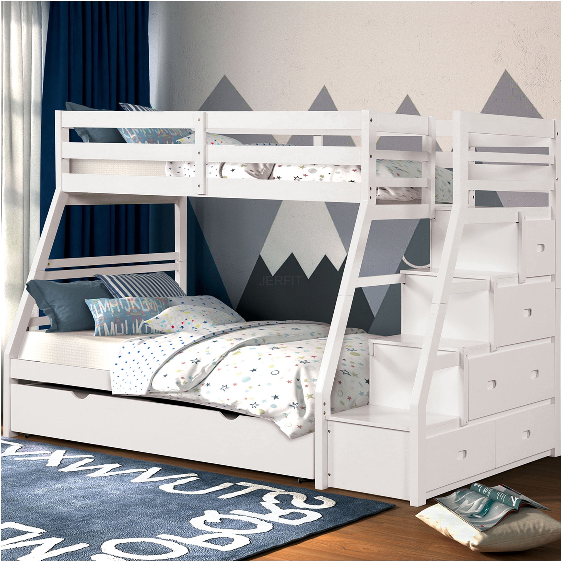 JERFIT White Twin Over Full Bunk Bed with Storage Drawers, Stairs ...