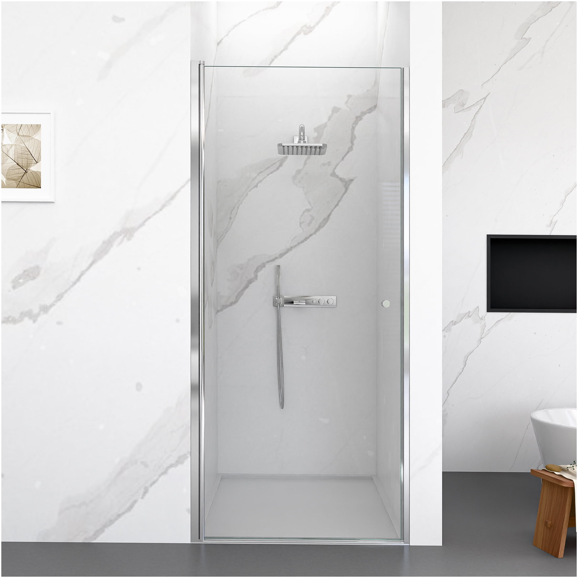 JERFIT Frameless 32x72 Inch Pivot Shower Door, Chrome Circular Semi ...