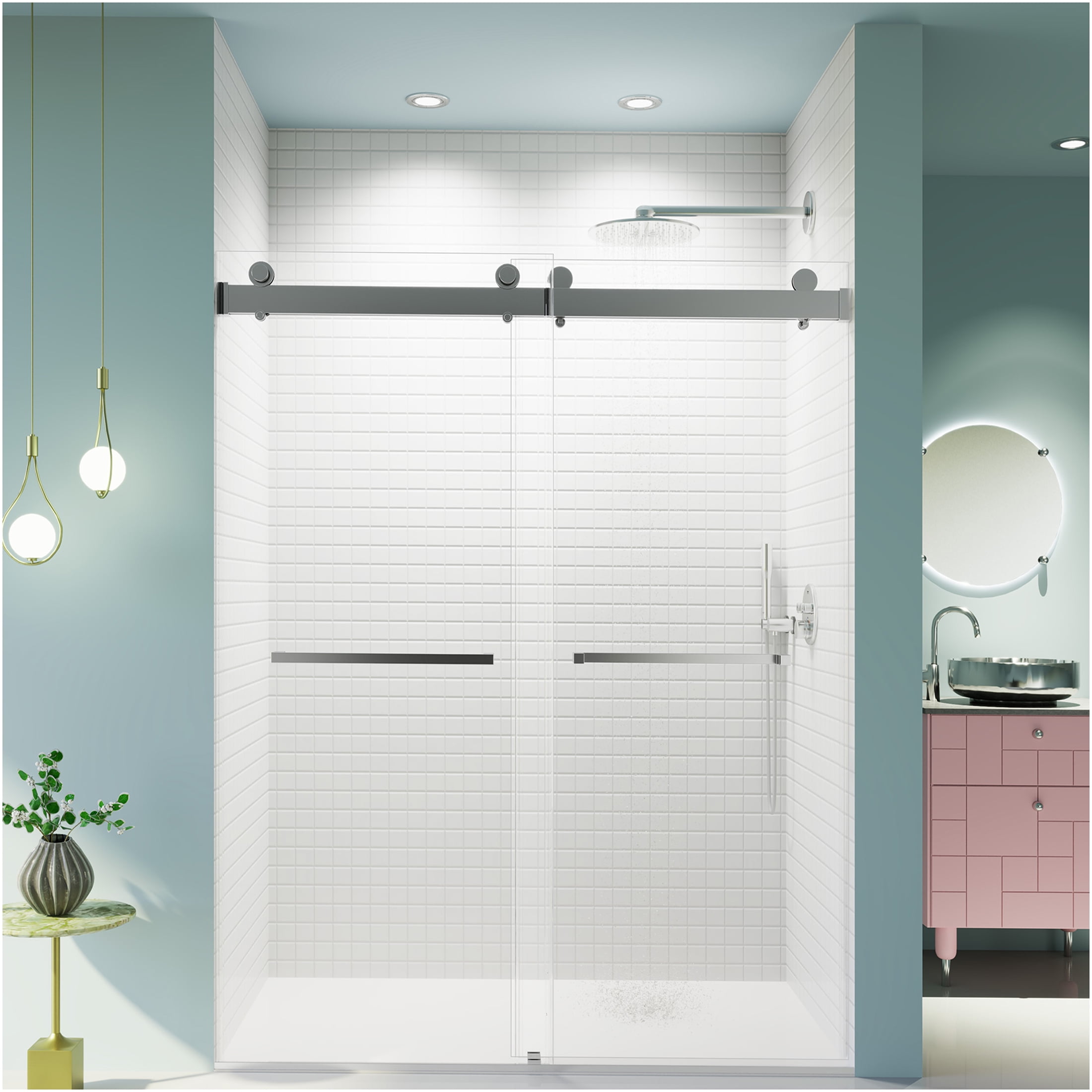 JERFIT Frameless Sliding Shower Door 56-60" x 76" Chrome, Soft-Close ...