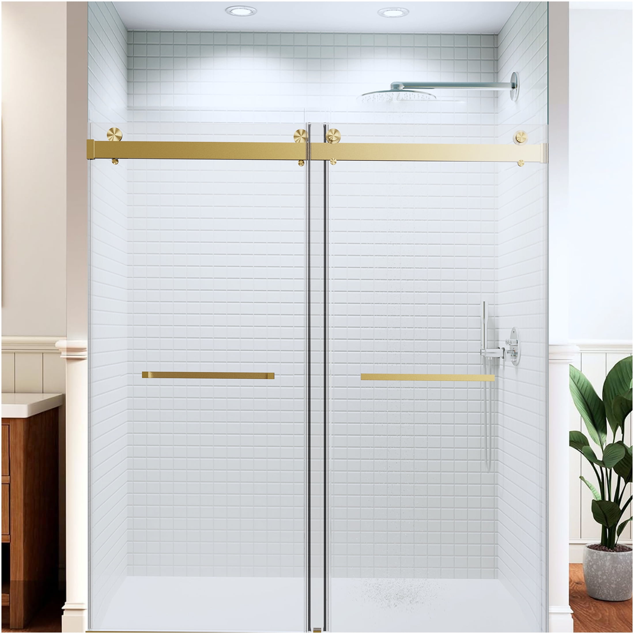 JERFIT Frameless Sliding Shower Door 68-72" x 76", Brushed Gold Modern ...