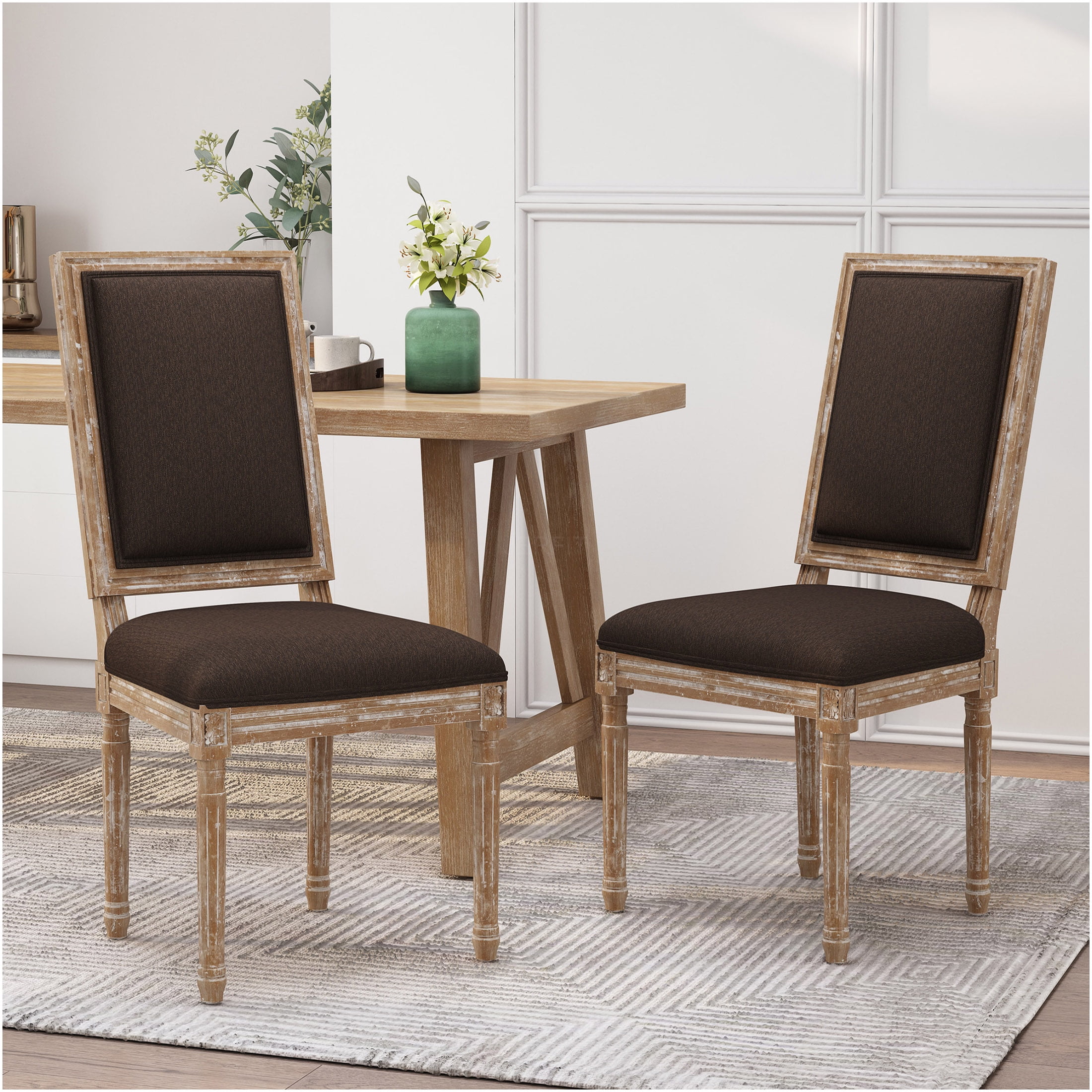 JERFIT French Country Dining Chairs Set of 2, Brown Fabric Upholstered ...