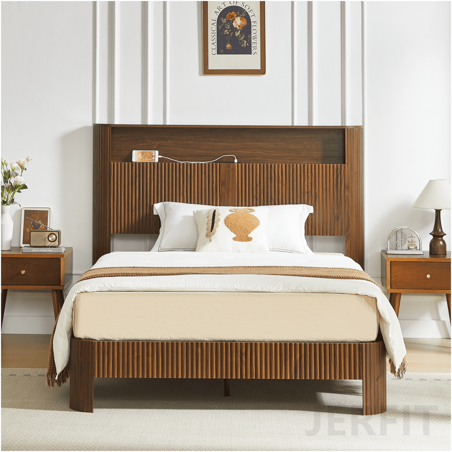 JERFIT- Full Extra Long (Twin XL) Walnut Bed Frame with Storage ...