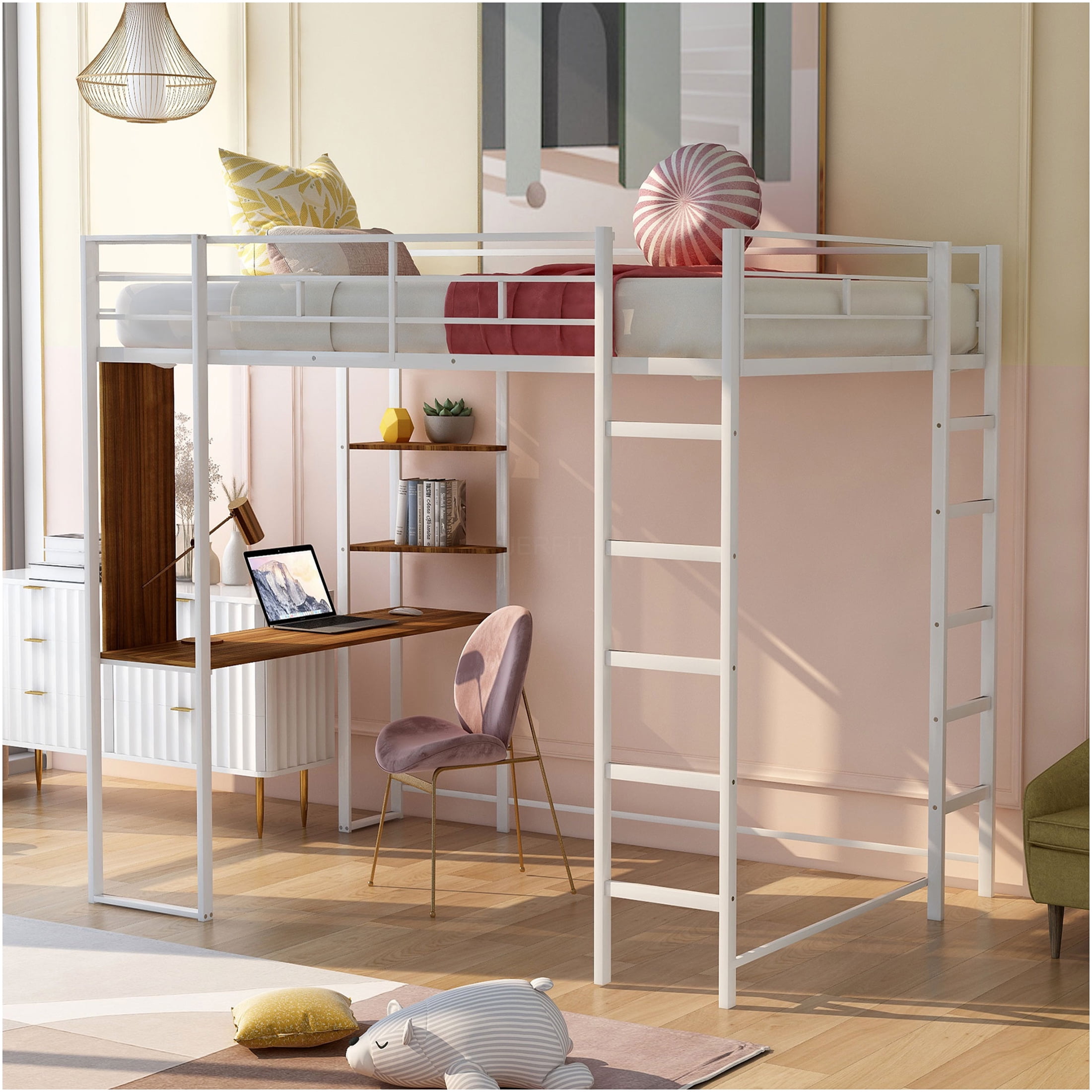 JERFIT Full Loft Bed with 2 Shelves, Desk, White - Walmart.com