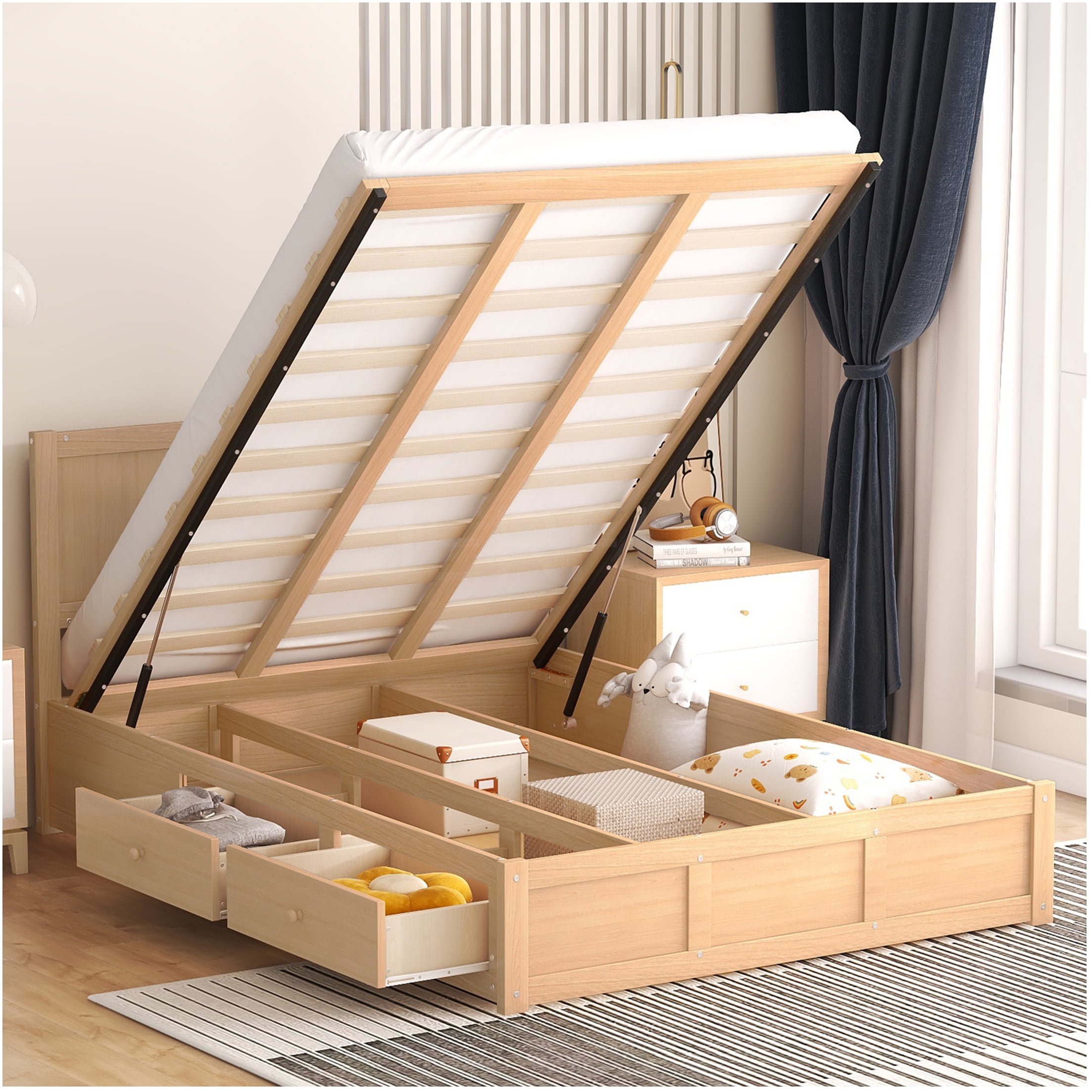 JERFIT Full Size Storage Platform Bed Frame with 2 Drawers, Solid Wood ...