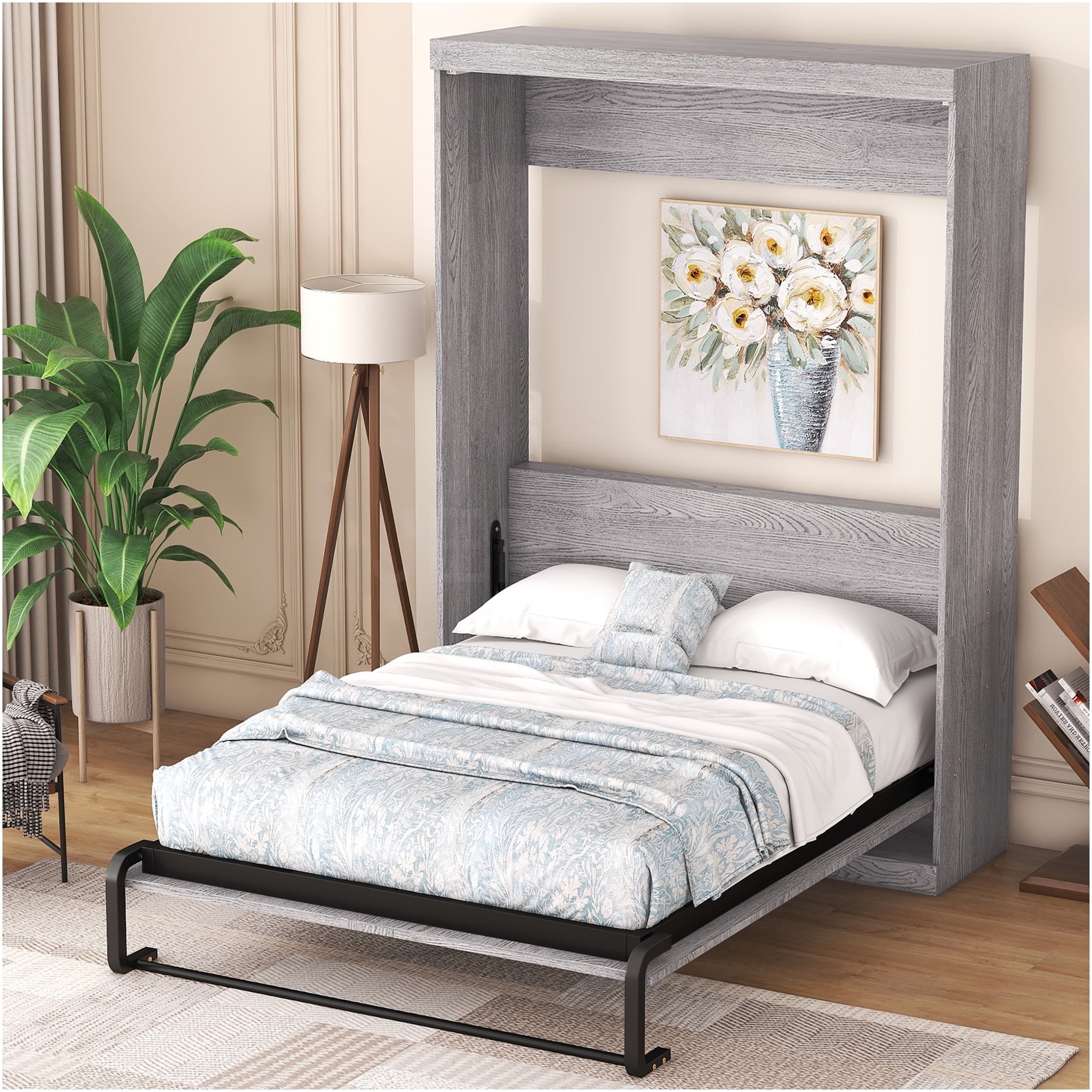 JERFIT Full Size Wall Mounted Murphy Bed with Cabinet, Space Saving ...