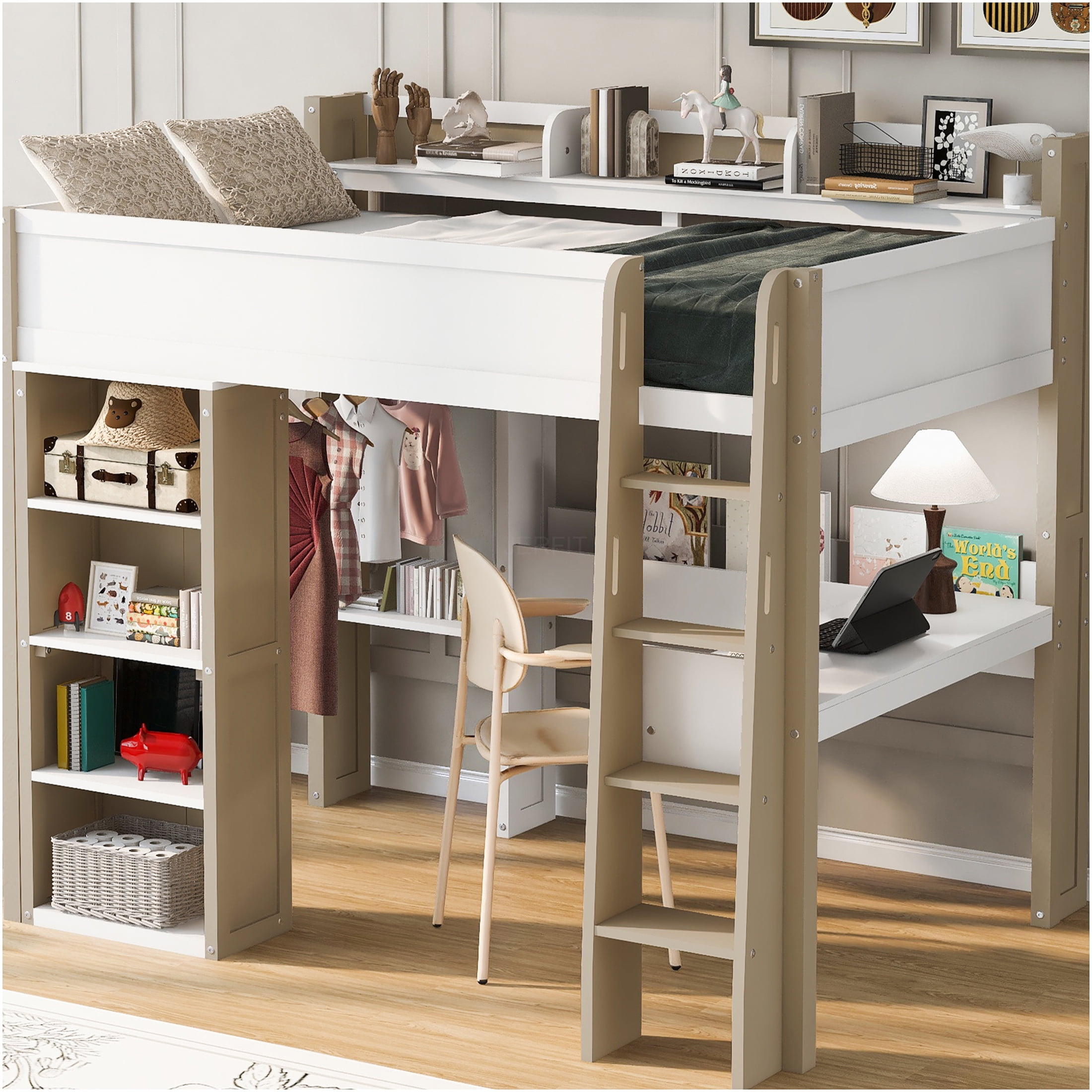 JERFIT Full Wood Loft Bed with Storage Shelves and Desk, White+Natural ...