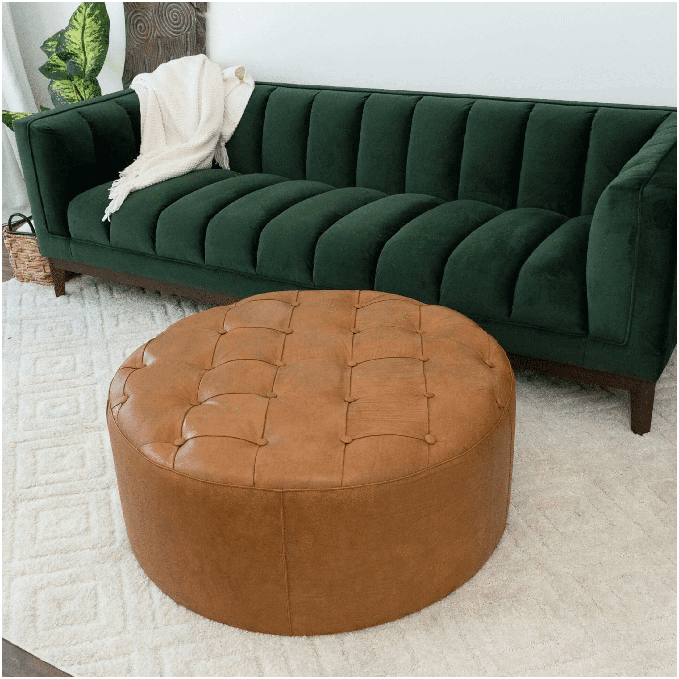JERFIT Genuine Leather Ottoman Cocktail Footstool with Diamond Tufting ...