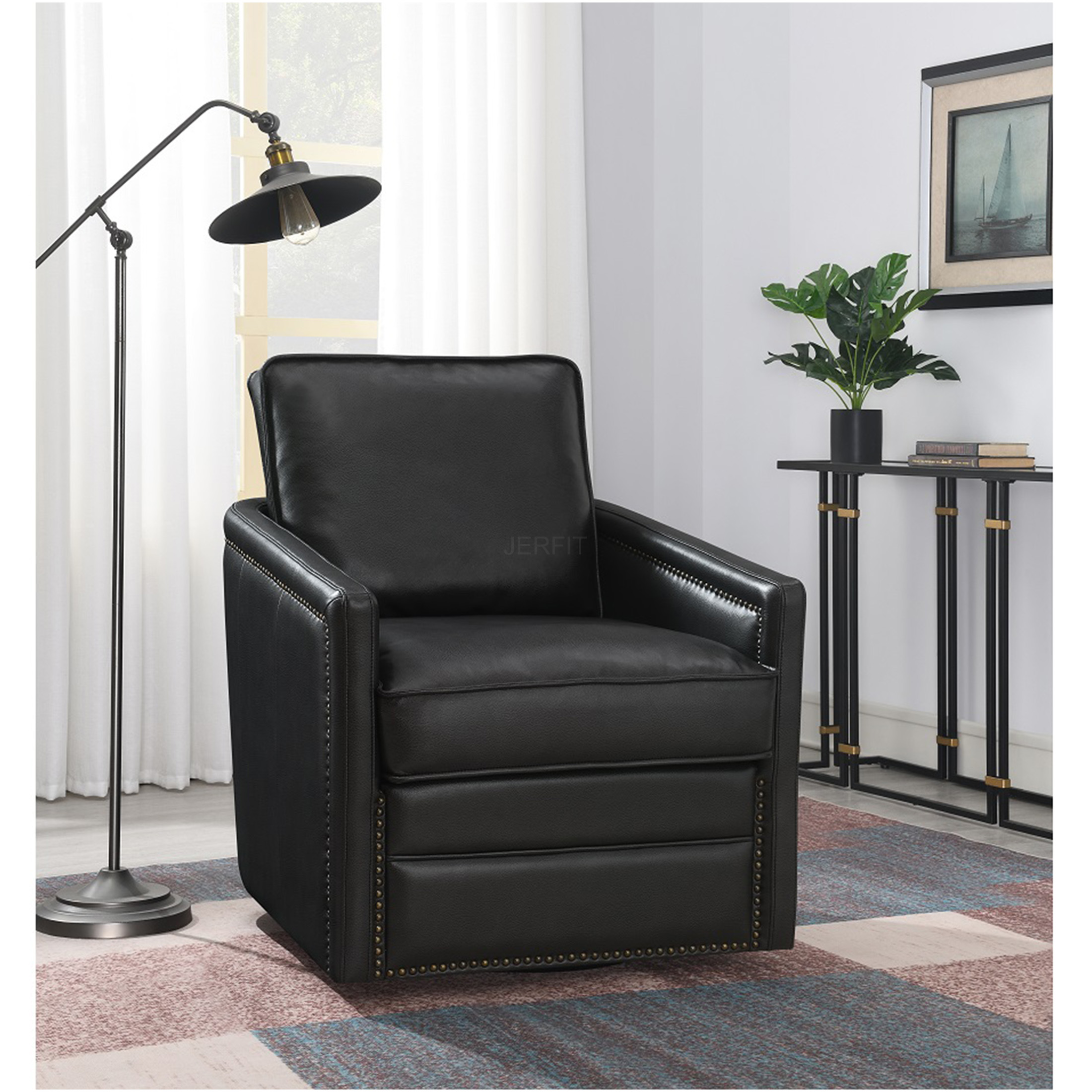 JERFIT Genuine Leather Swivel Accent Chair, 180° Rotating Modern Lounge ...