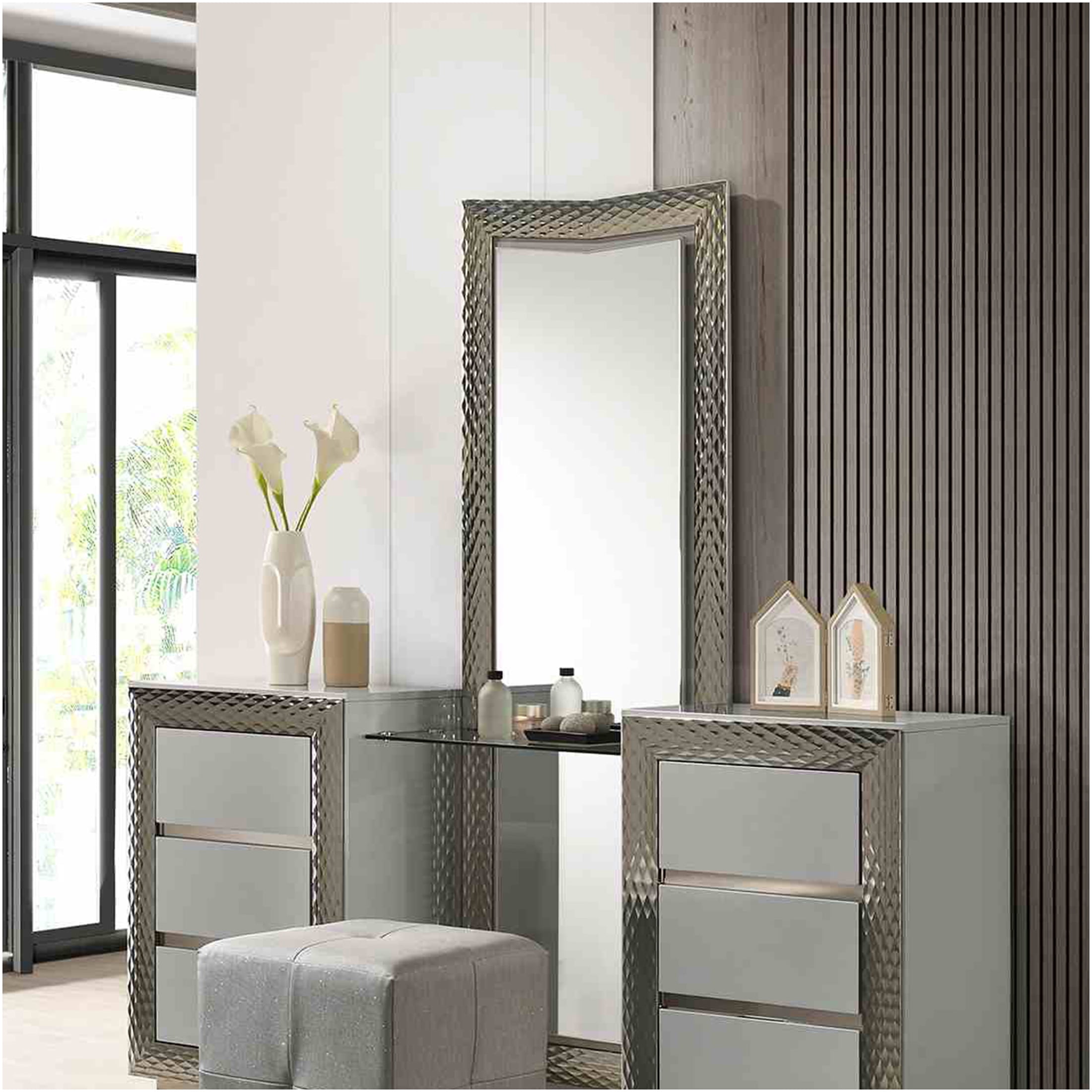 JERFIT Glam Vanity Set with Stool, Gray LED Mirror Dresser with Glass ...