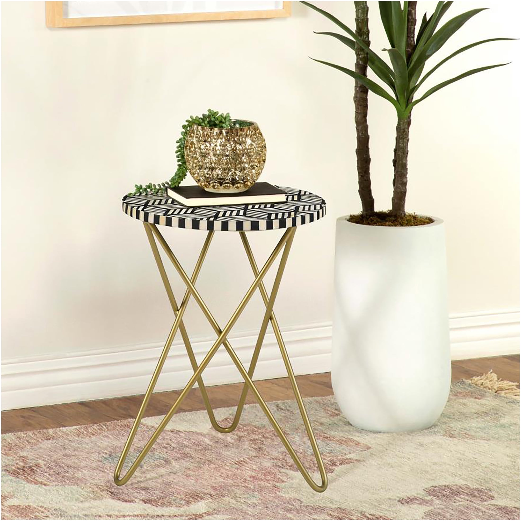 JERFIT Gold Hairpin Leg Accent Table, Round Side Table with Black White ...