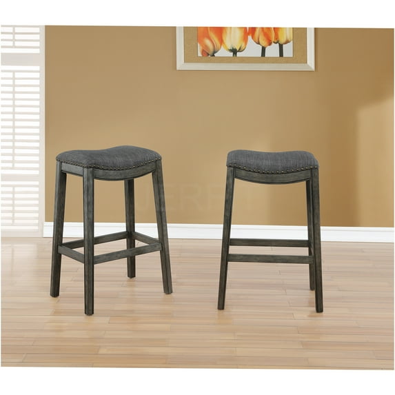 JERFIT Gray Saddle Bar Stools Set of 2, Nailhead Trim Upholstered ...