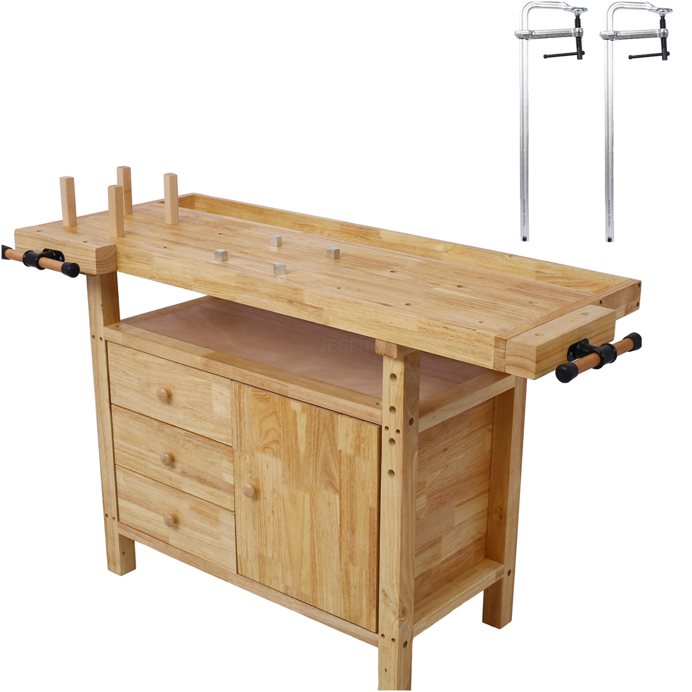 JERFIT Heavy Duty Wood Workbench with 2 F-Clamps, 3 Drawers & Cabinet ...