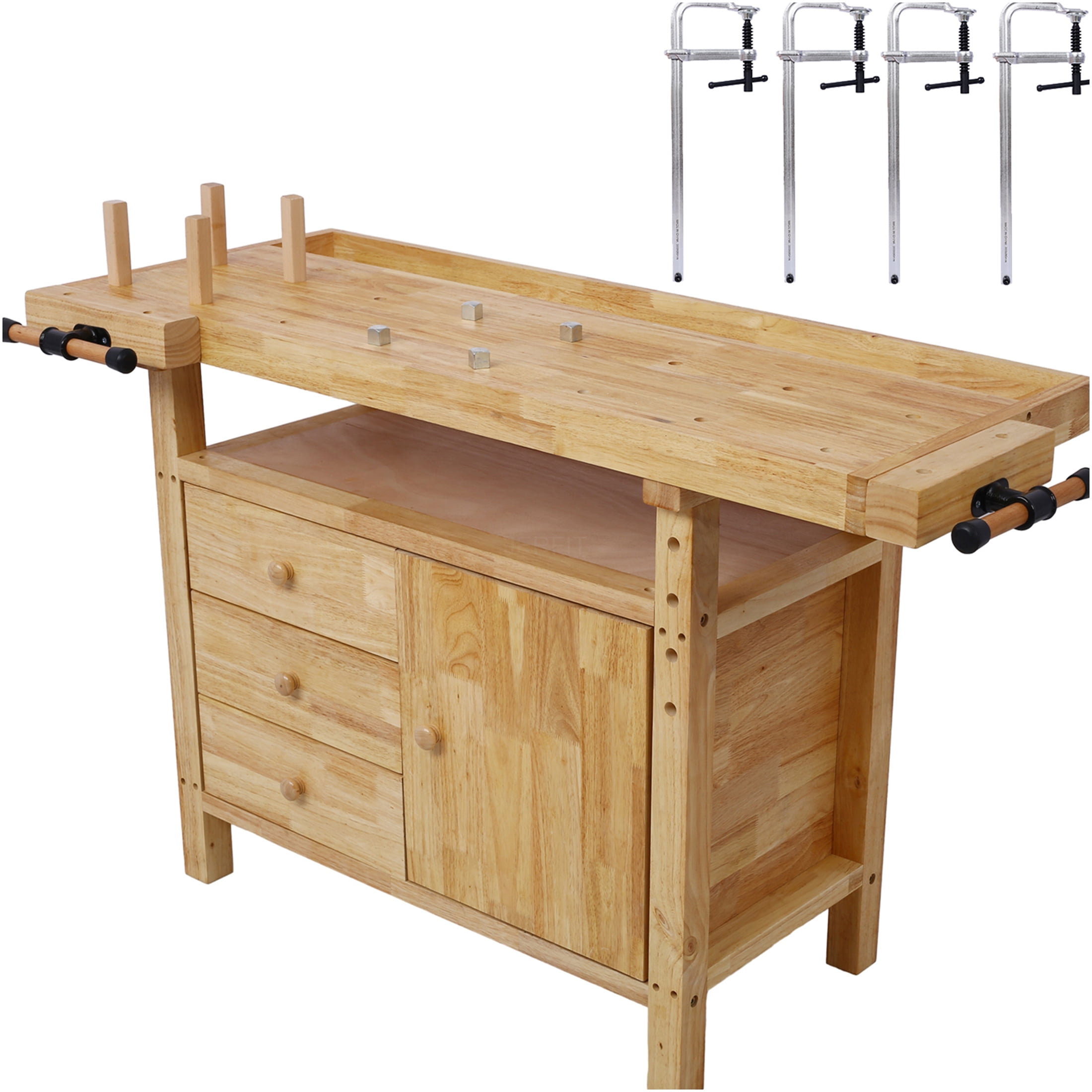 JERFIT Heavy Duty Wooden Workbench with 4 Bar Clamps, 3 Drawers ...