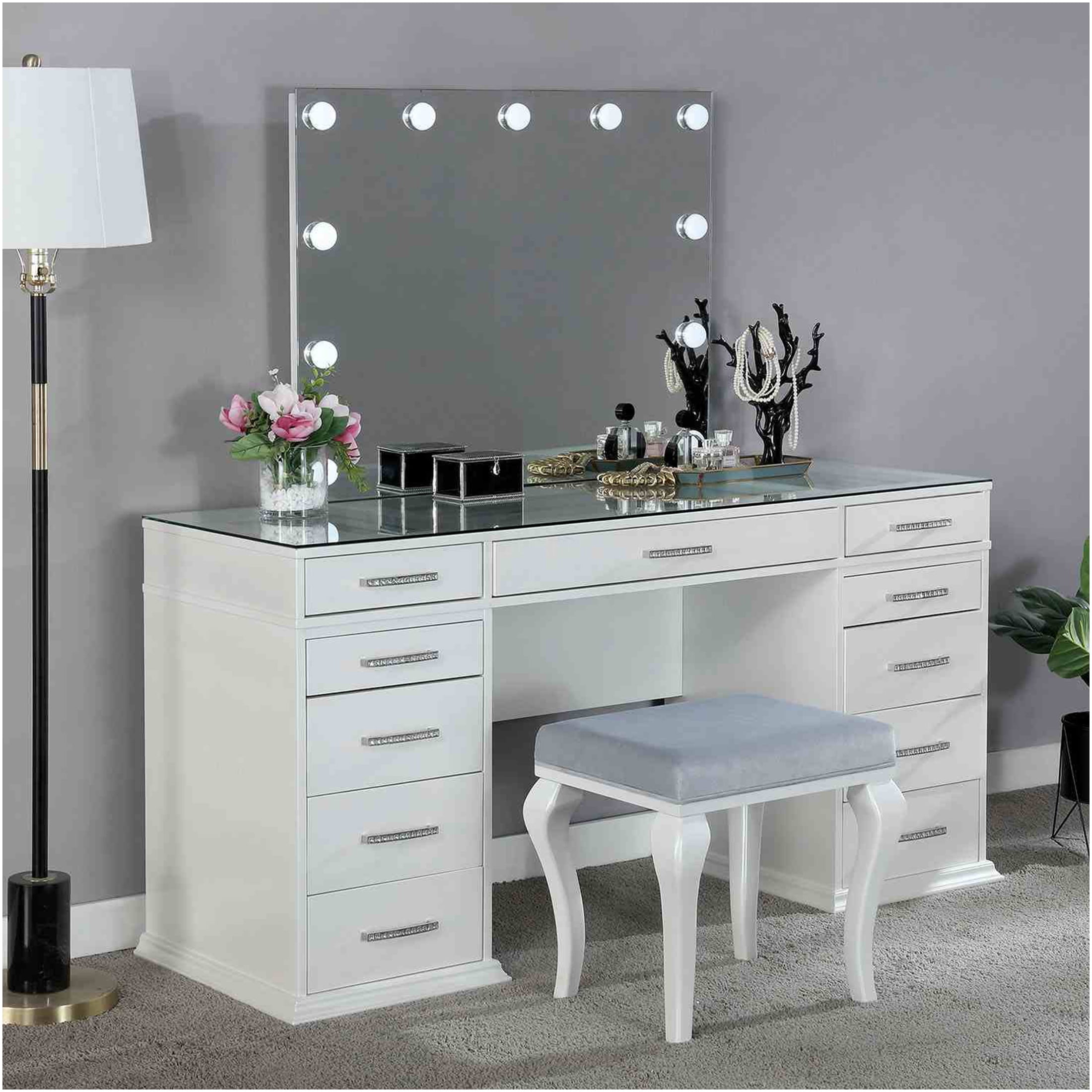 JERFIT Hollywood Glam Vanity Set with LED Mirror, Glass Top, 5 Drawers ...