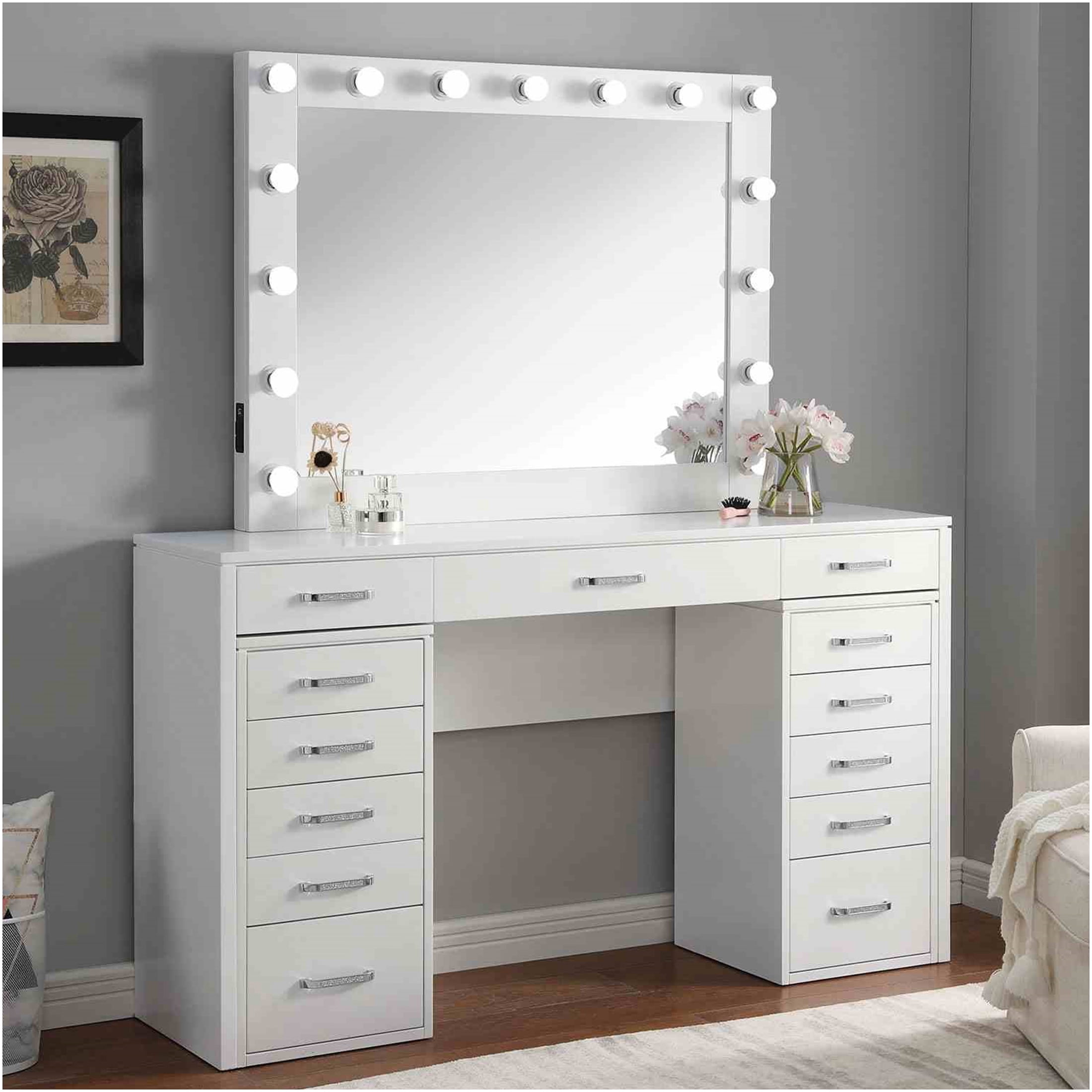 JERFIT Hollywood Glam Vanity Table with Lights and USB Charger, White ...