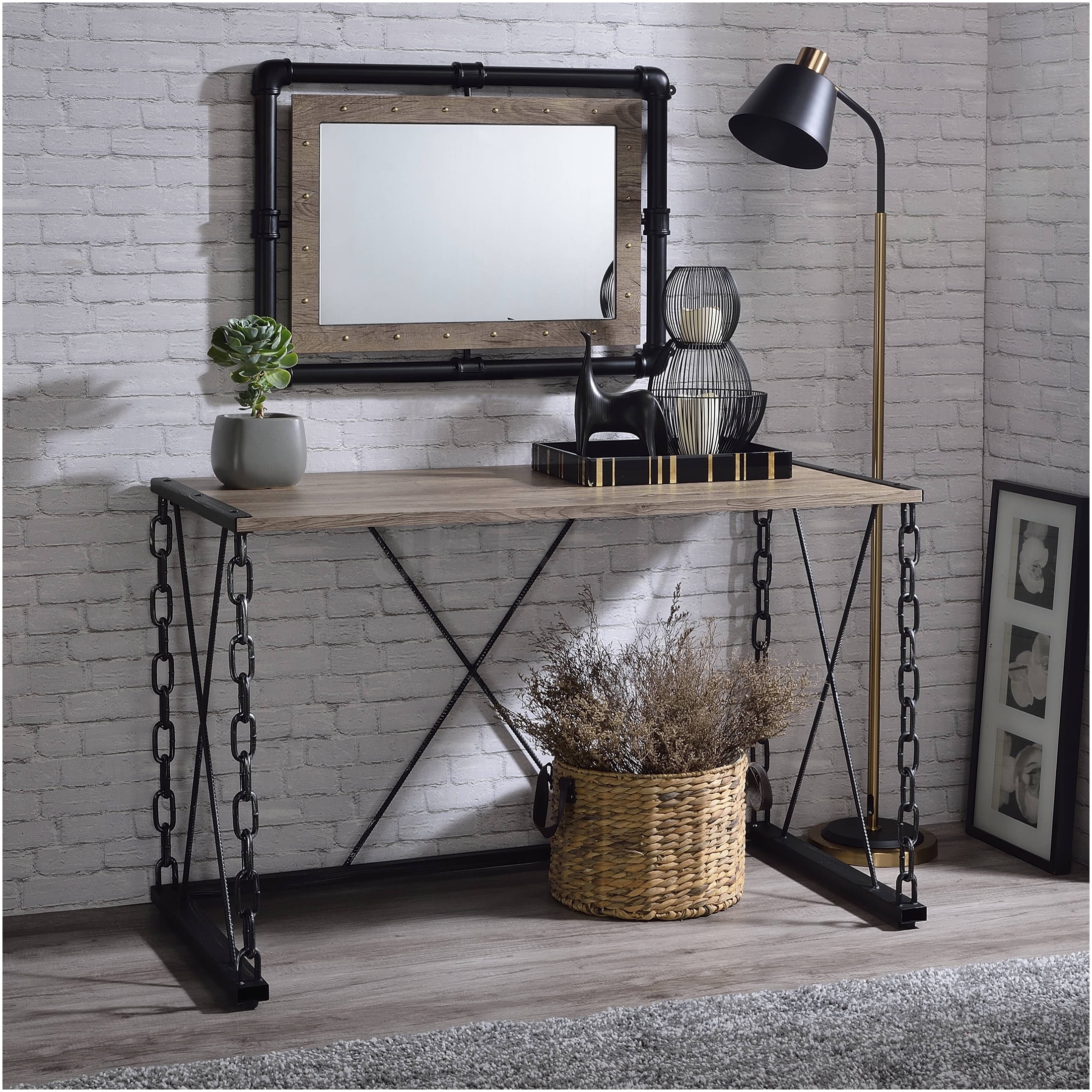 JERFIT Industrial Console Table with Metal Chain Legs, Rustic Oak Wood ...