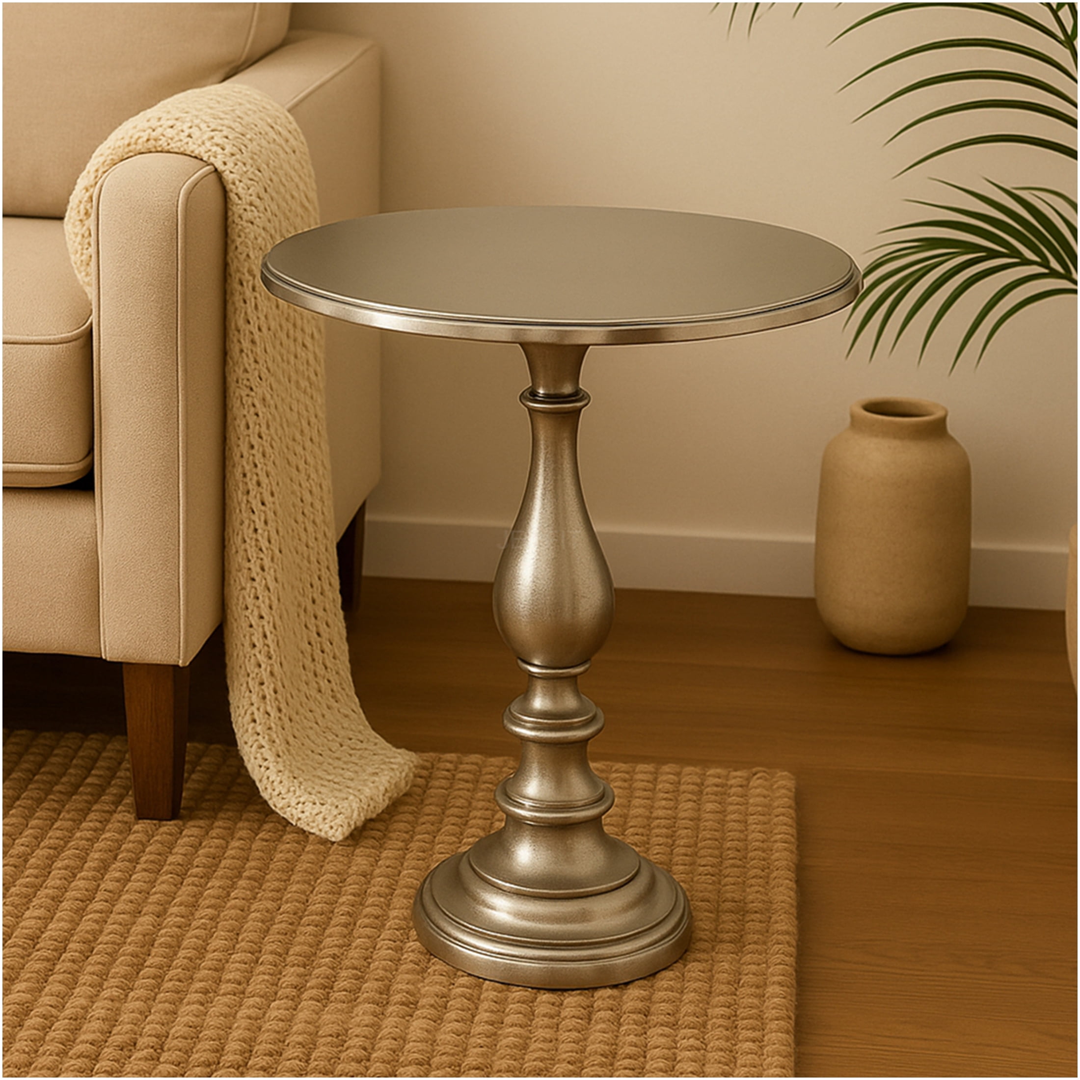 JERFIT Industrial Nickel Side Table with Hammered Metal Base & Clear ...