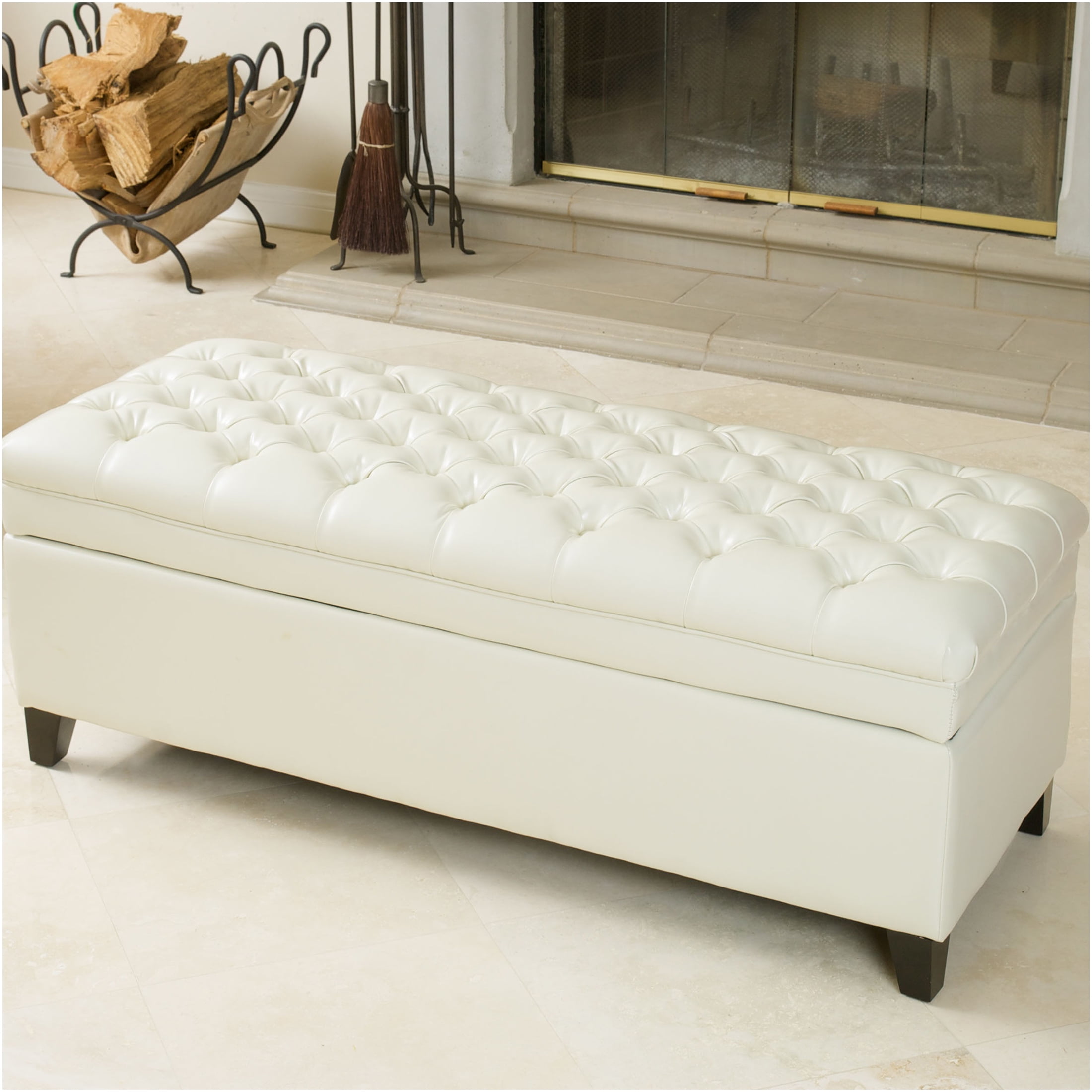 JERFIT Ivory Leather Storage Ottoman Bench with Tufted Upholstery, Foot ...