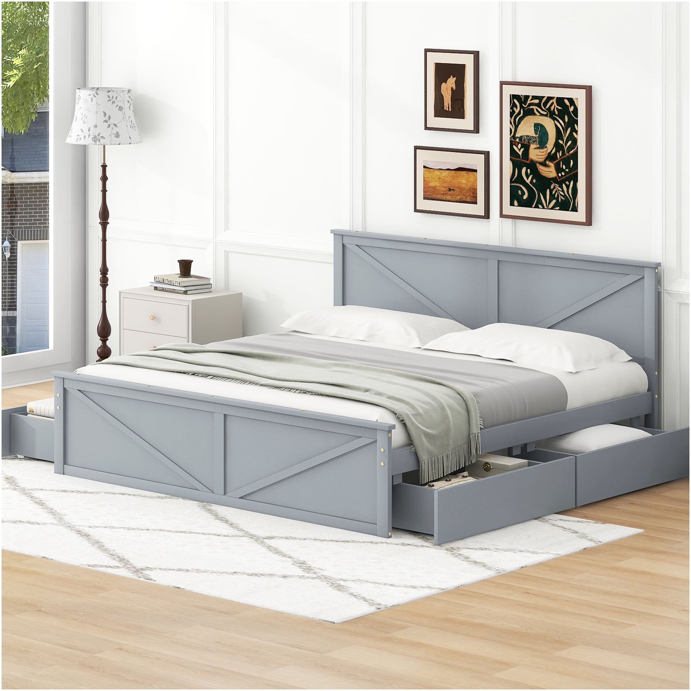 JERFIT King Size Platform Bed Frame with Storage Drawers, Gray Wood ...