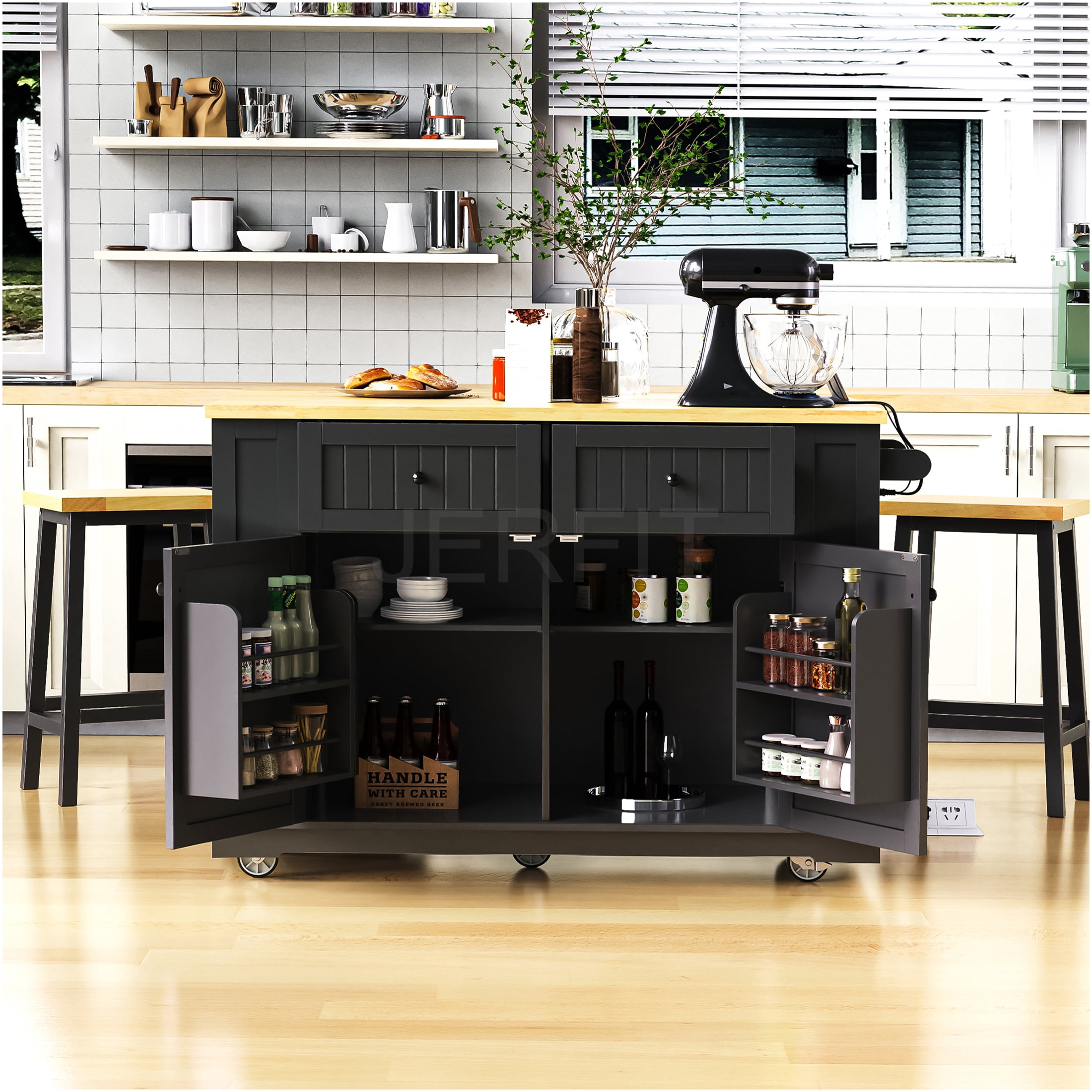 JERFIT Kitchen Island Cart with 2 Bar Stools, Power Outlet, Drop Leaf ...
