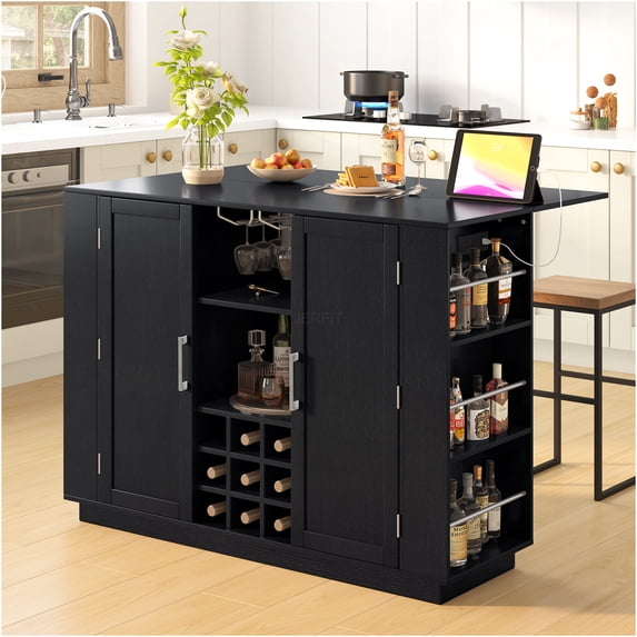 JERFIT Kitchen Island with Drop Leaf, Power Outlet, Wine Rack & Glass ...