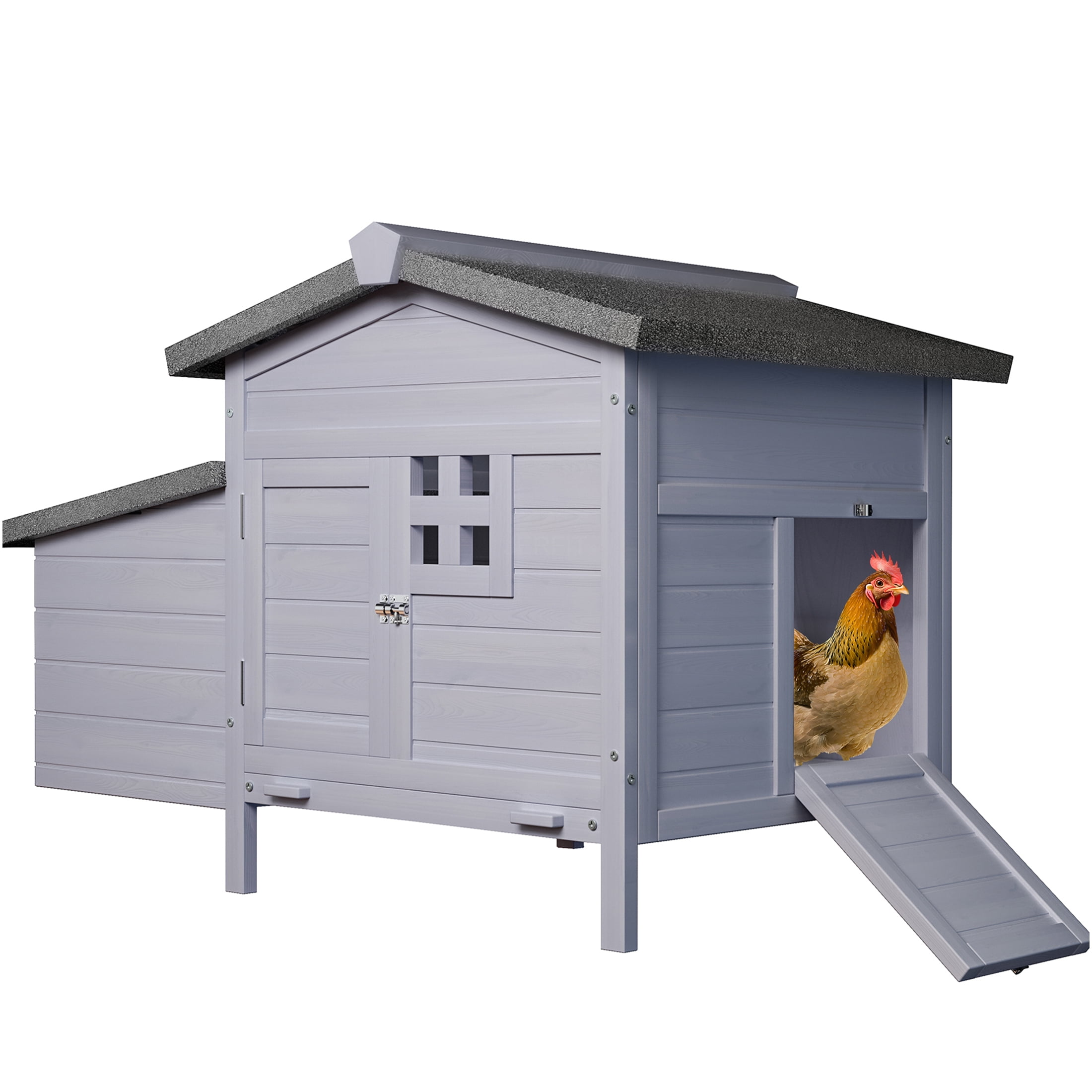 JERFIT Large Antique Gray Wooden Chicken Coop with Run, Asphalt Roof ...