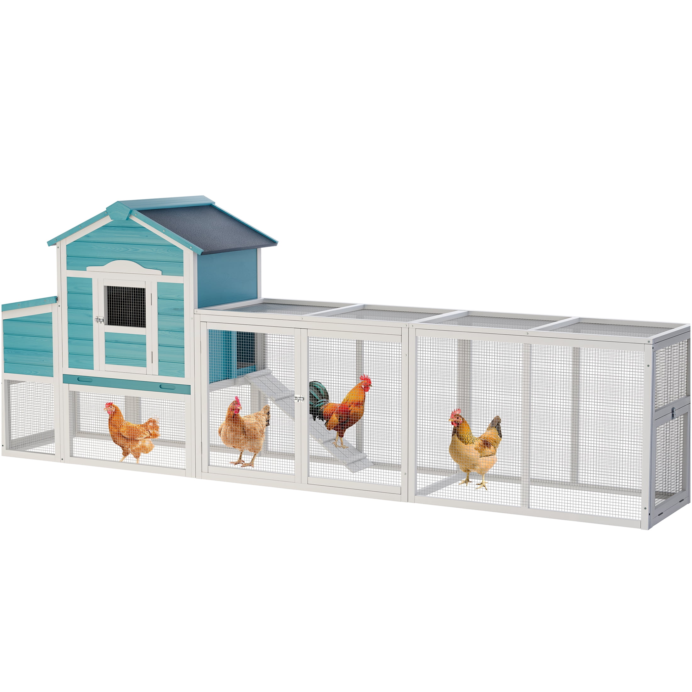 JERFIT Large Blue Wooden Chicken Coop with Run, All-Weather Asphalt ...