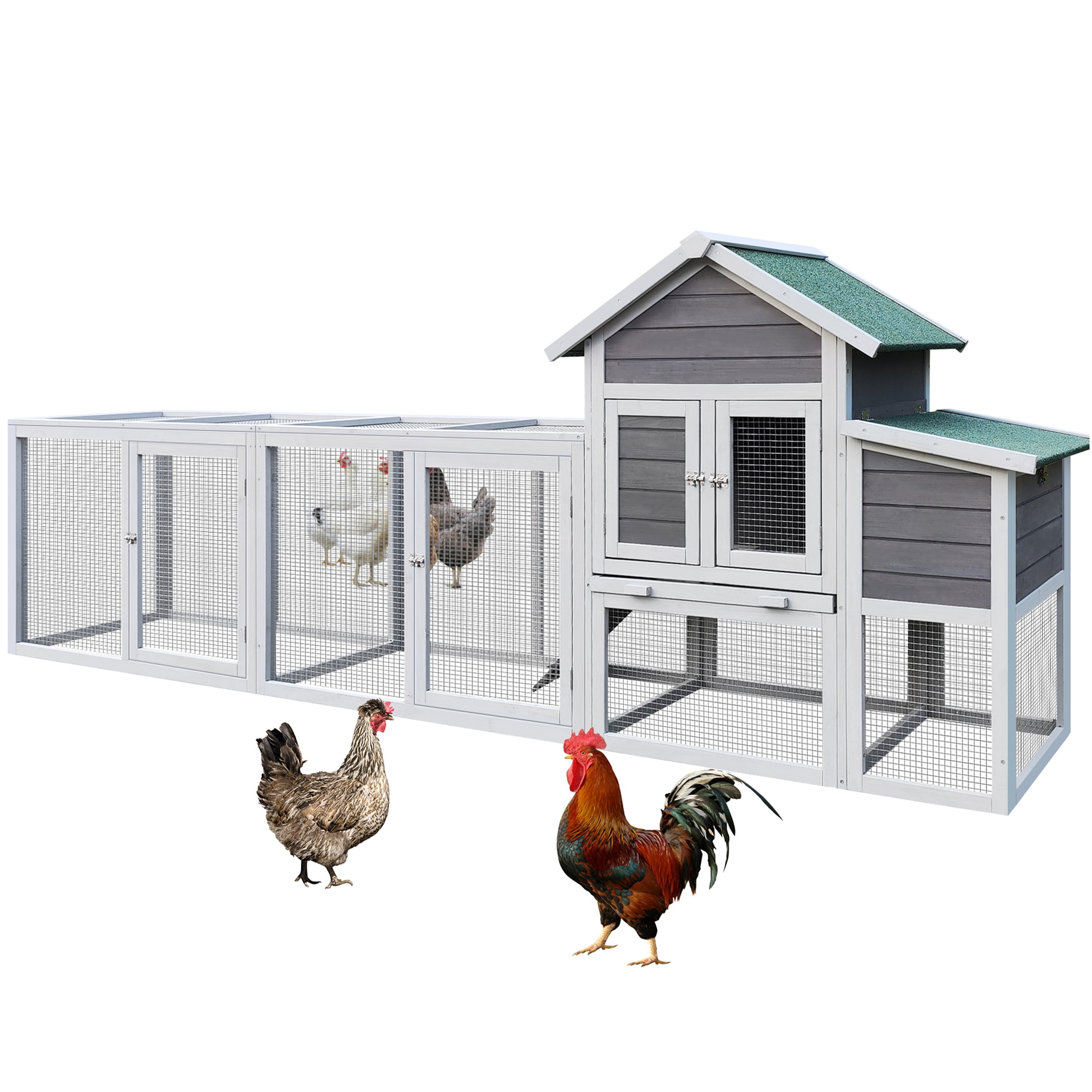 JERFIT Large Gray Wooden Chicken Coop with Outdoor Run, Waterproof Roof ...