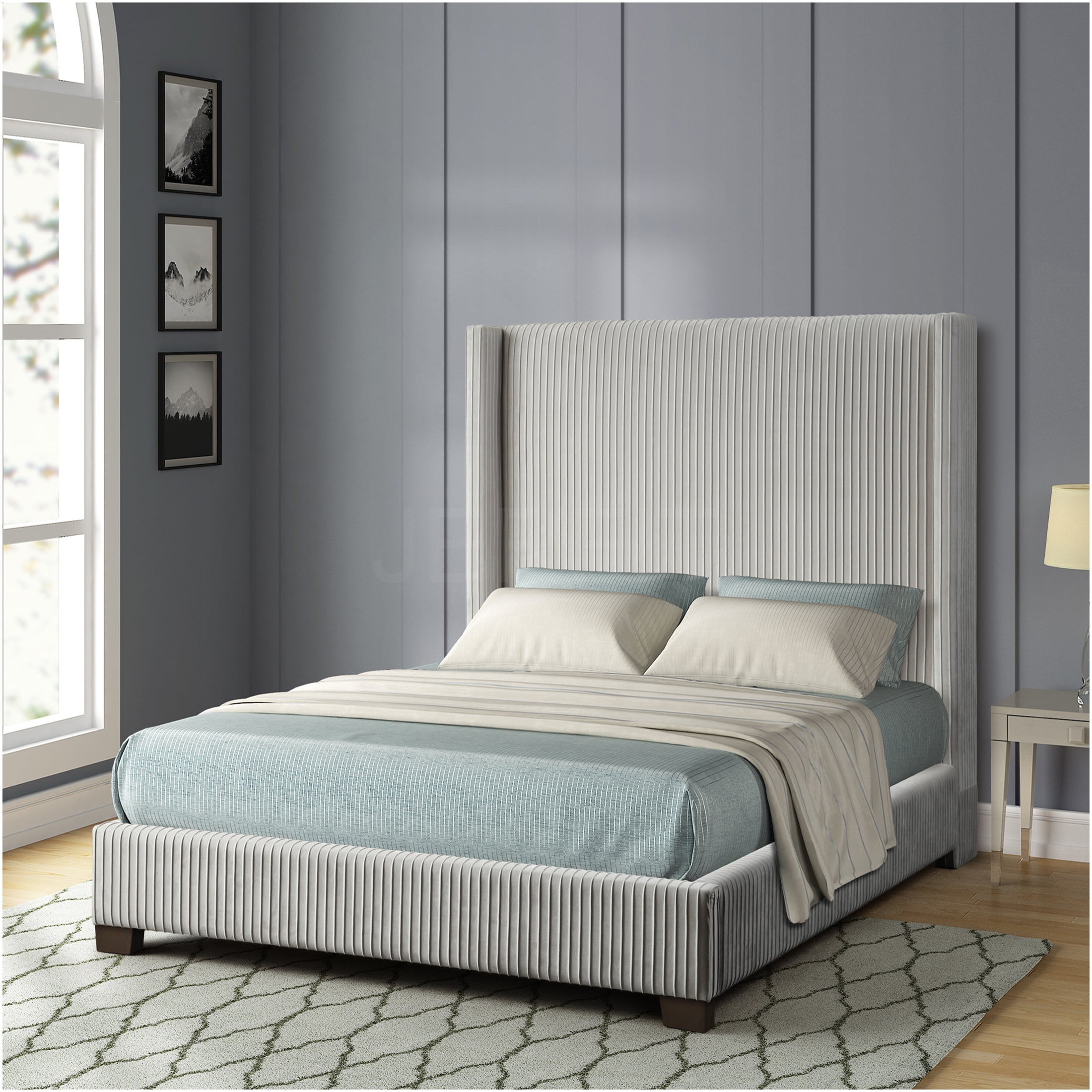 JERFIT Light Gray King Upholstered Platform Bed, All-in-One Bed Frame ...