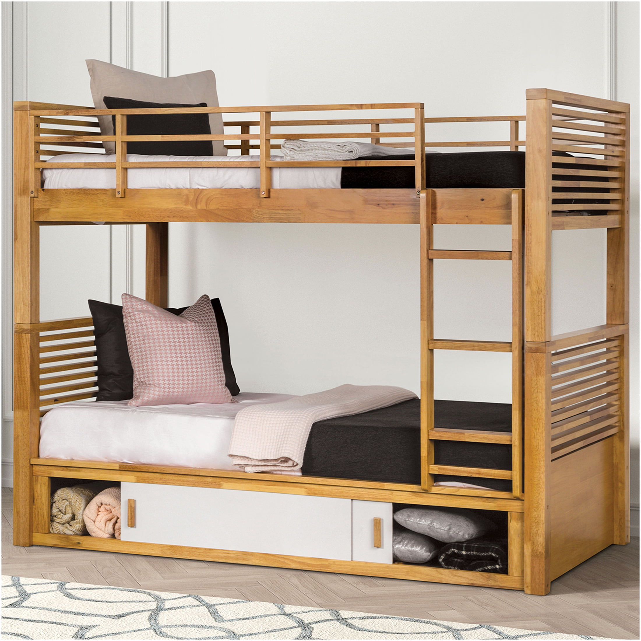 JERFIT Light Oak Twin over Twin Bunk Bed with Storage, Solid Wood Frame ...