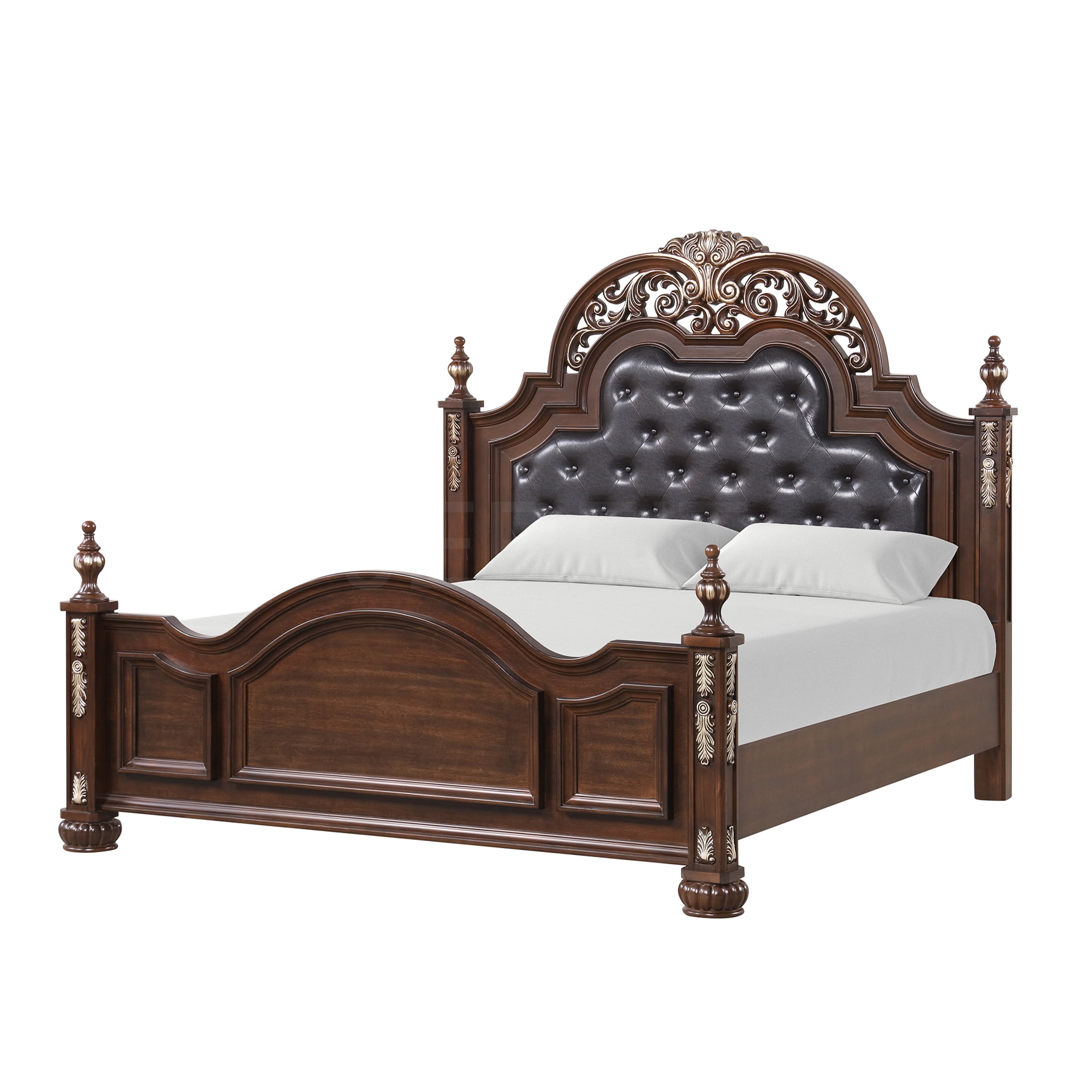 JERFIT Lyon King Size Bed with Upholstered Headboard, Cherry Finish ...