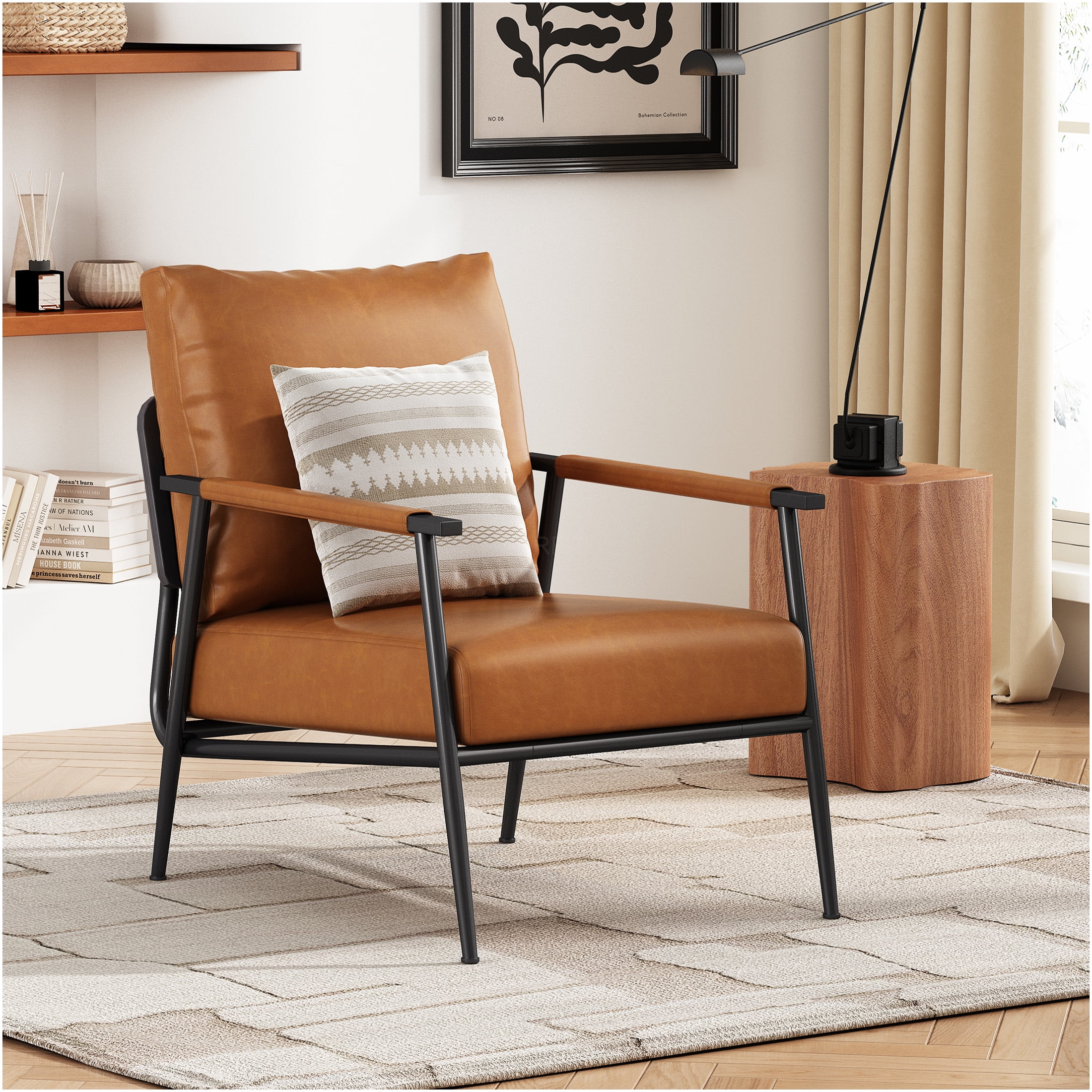 JERFIT Mid-Century Modern Accent Chair, Brown Faux Leather Lounge Chair ...