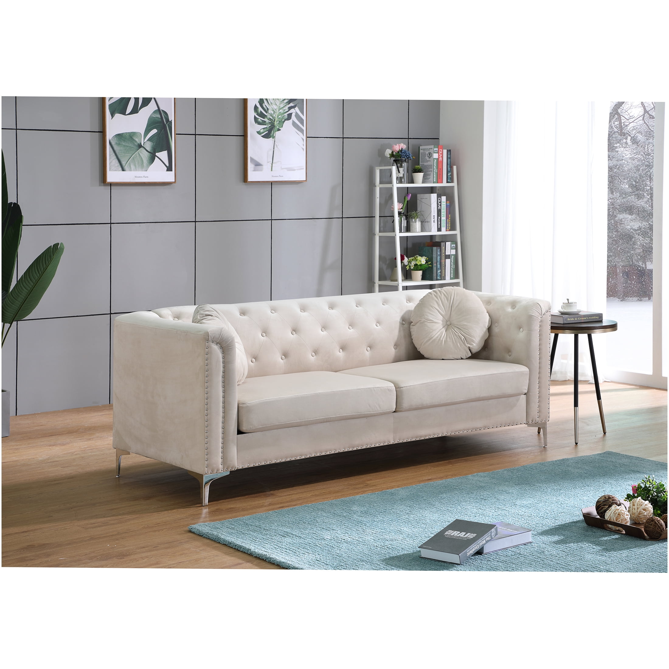 JERFIT Mid-Century Modern Velvet Sofa Couch with Chrome Legs and Button ...