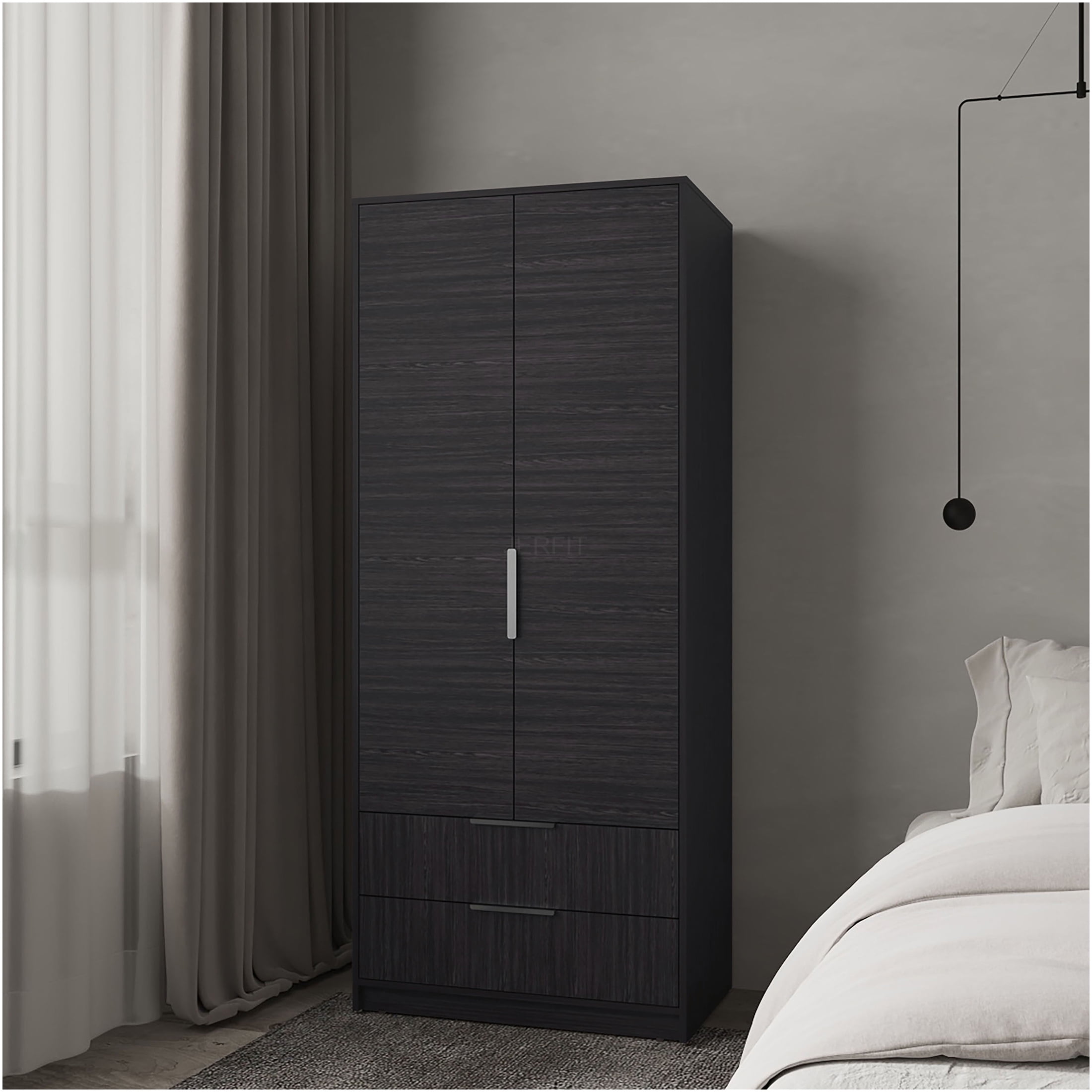 JERFIT Modern 2 Door Wardrobe Closet with Hanging Rod & 2 Drawers ...
