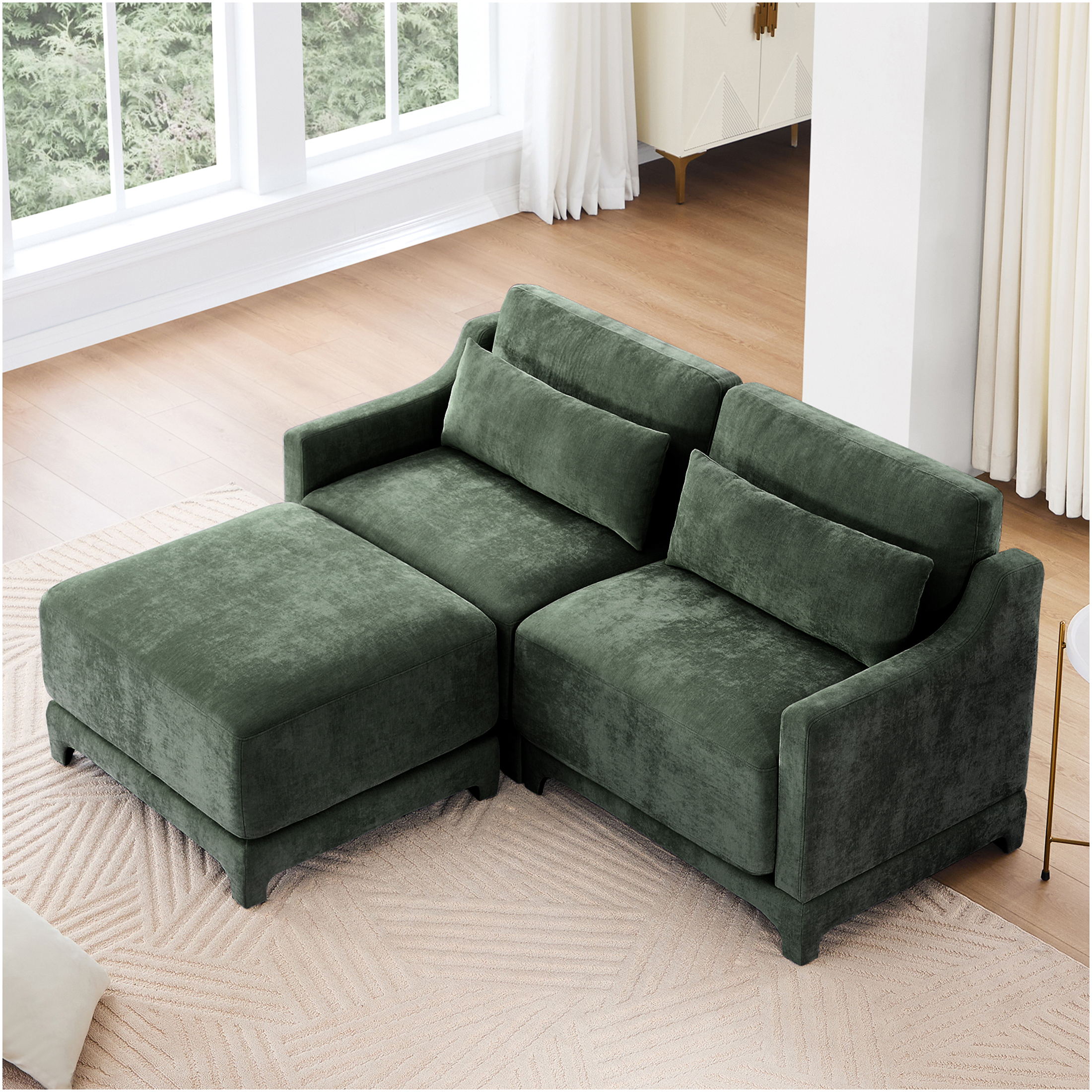JERFIT Modern 2-Seater Chenille Sofa Set with Ottoman and Pillows for ...